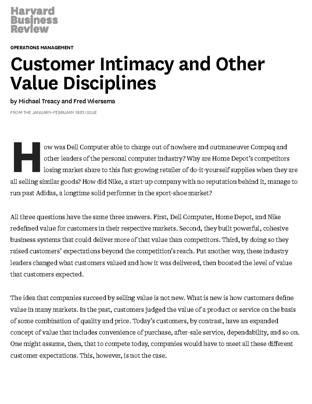 Customer Intimacy and Other Value Disciplines - OPERATIONS MANAGEMENT ...