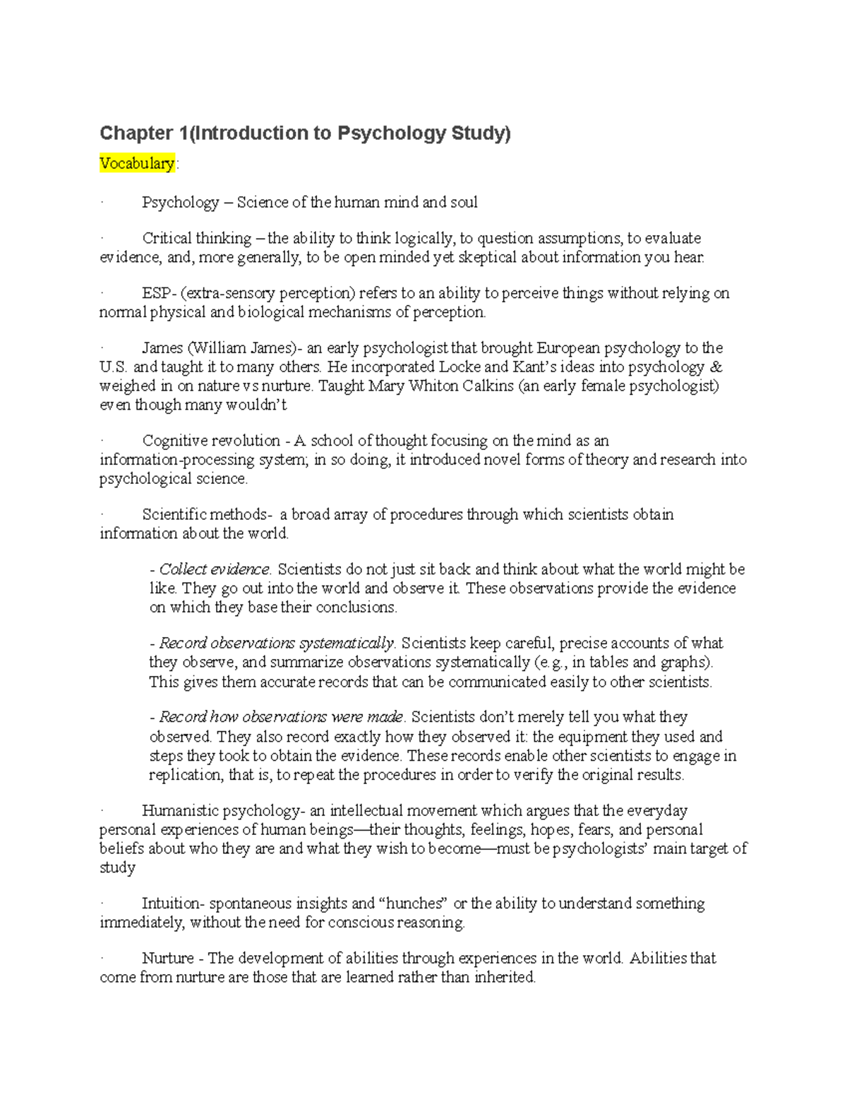 Vocabulary Chapter 1 - Chapter 1(Introduction to Psychology Study ...