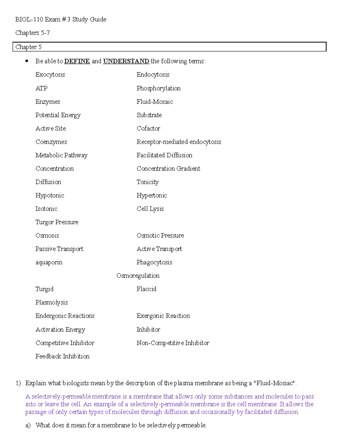 Exam 3 Study Guide - BIOL-110 Exam # 3 Study Guide Chapters 5- Chapter ...