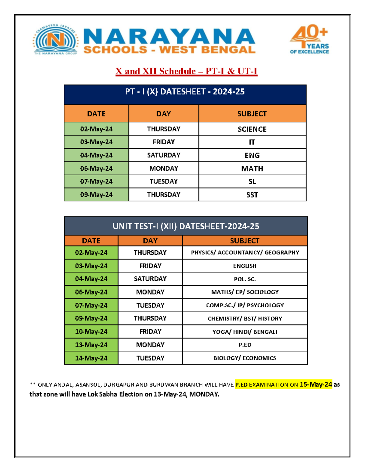 X & XII PT-I & UT-I Final Schedule & Syllabus 2024-25 - X and XII ...