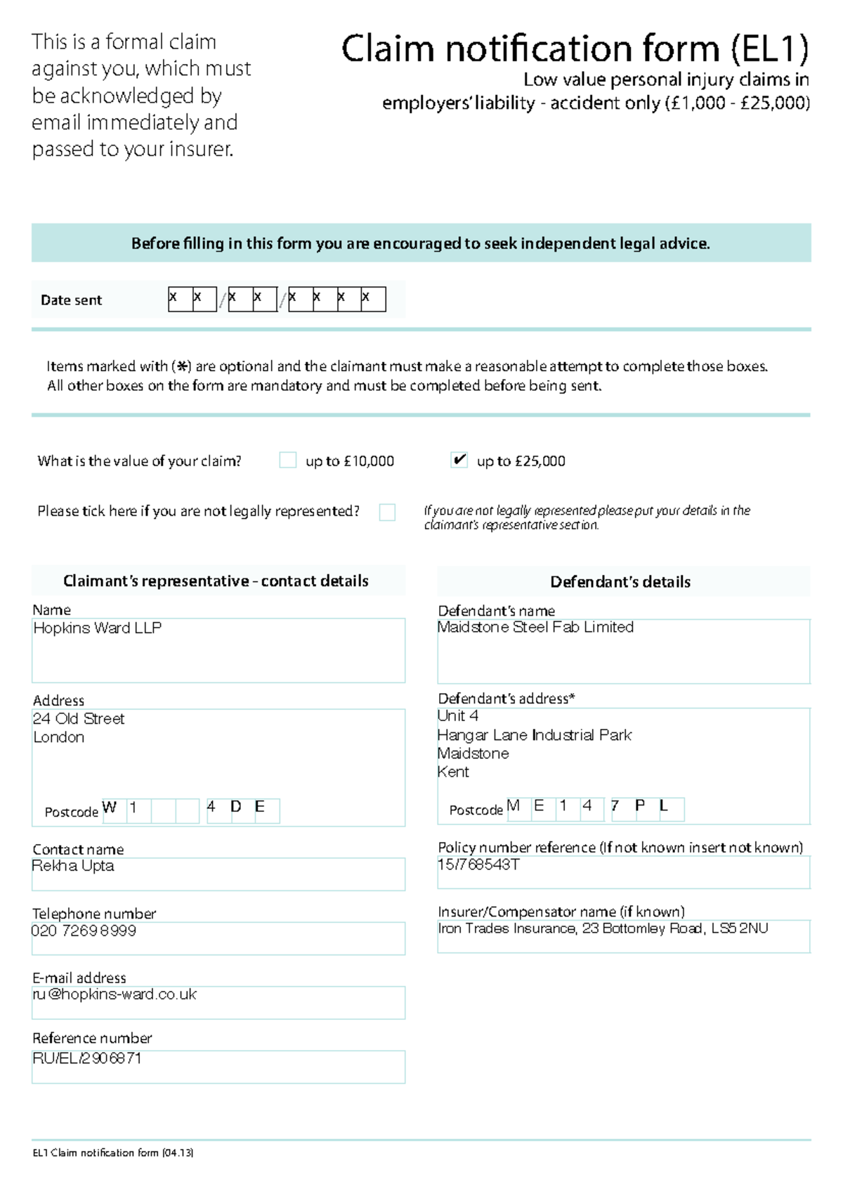 EL1 notification form - Claim notification form (EL1) Low value ...