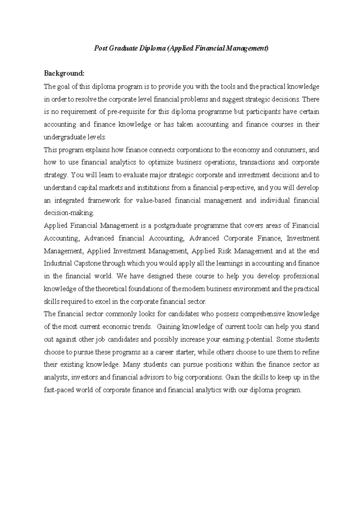 Applied Corporate Finance - Post Graduate Diploma (Applied Financial ...