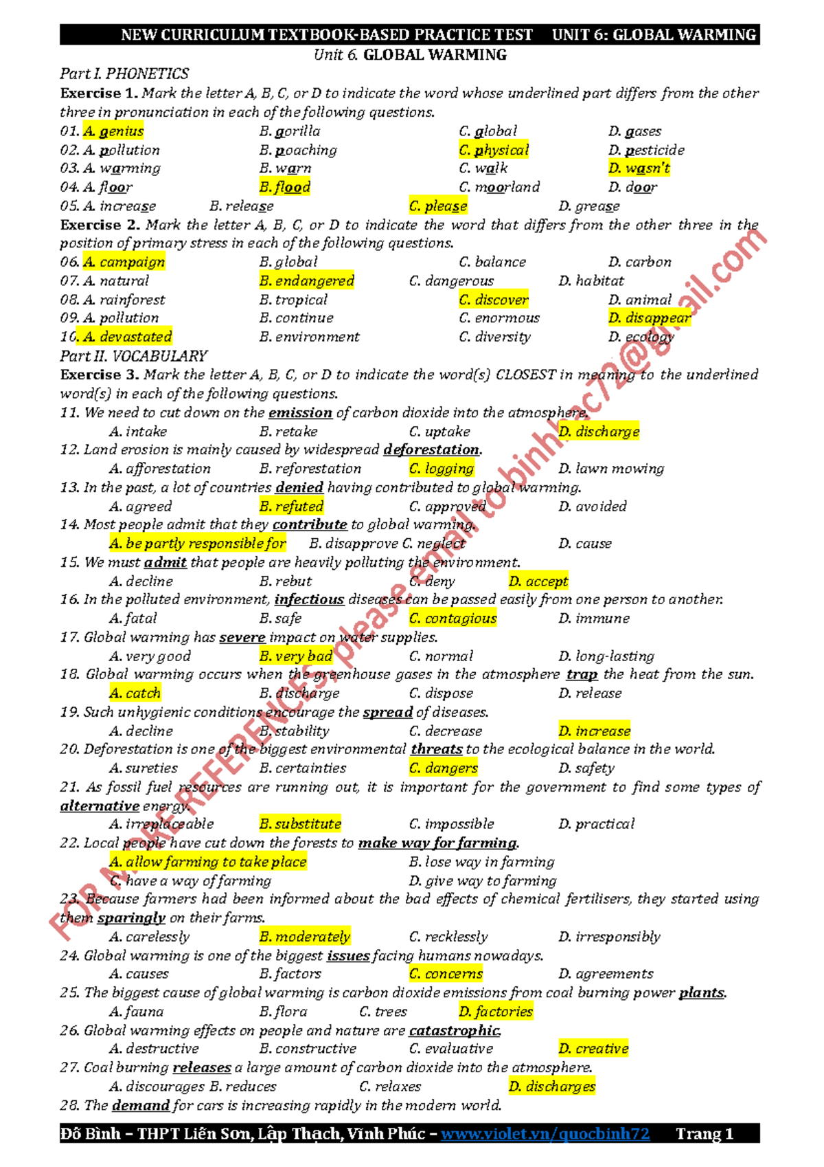 G11-U6- Exercises - ôn tập - Unit 6. GLOBAL WARMING Part I. PHONETICS ...