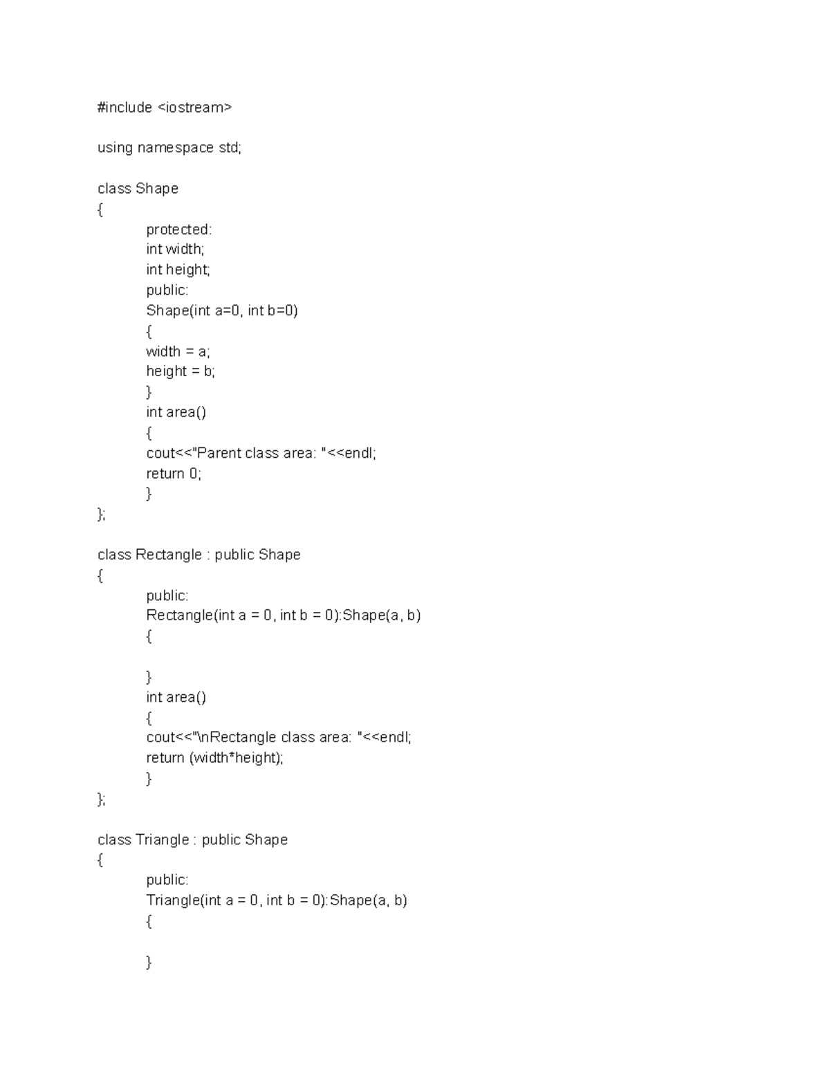 FINAL EXAM LONG - #include using namespace std; class Shape { protected: int width; - Studocu