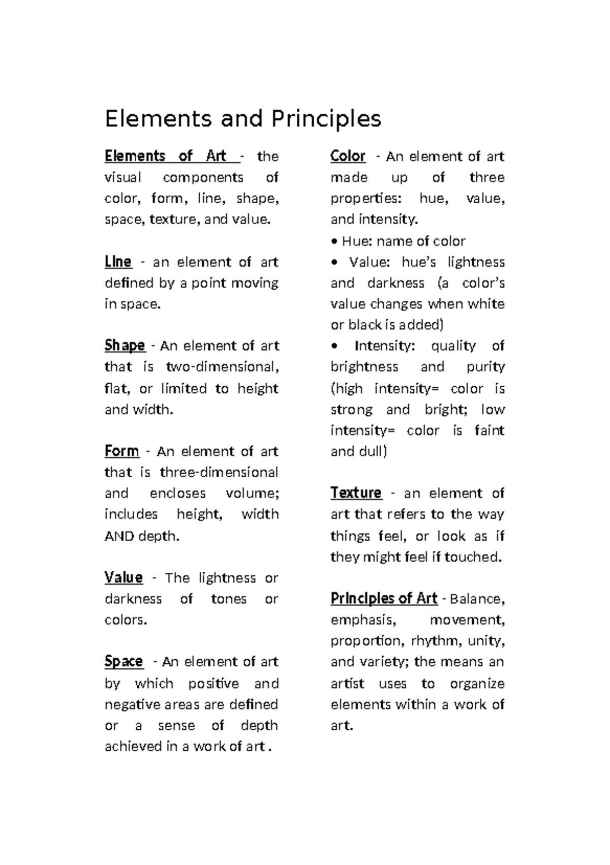 Mapeh Notes - ARTS 1 - GOOD LUCK~ - Elements and Principles Elements of ...
