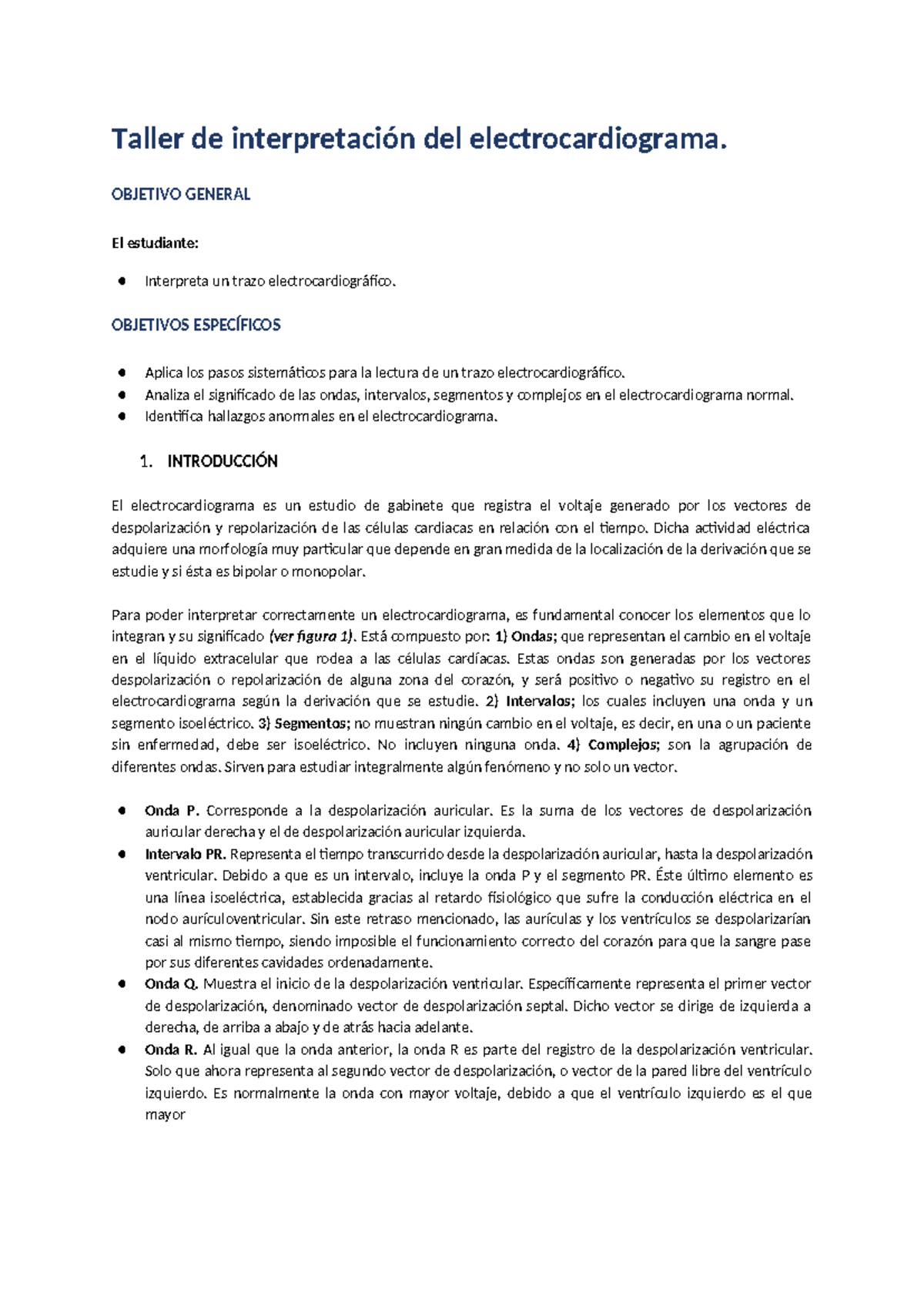 Taller DE EKG Interpretación básica - Taller de interpretación del electrocardiograma. OBJETIVO ...