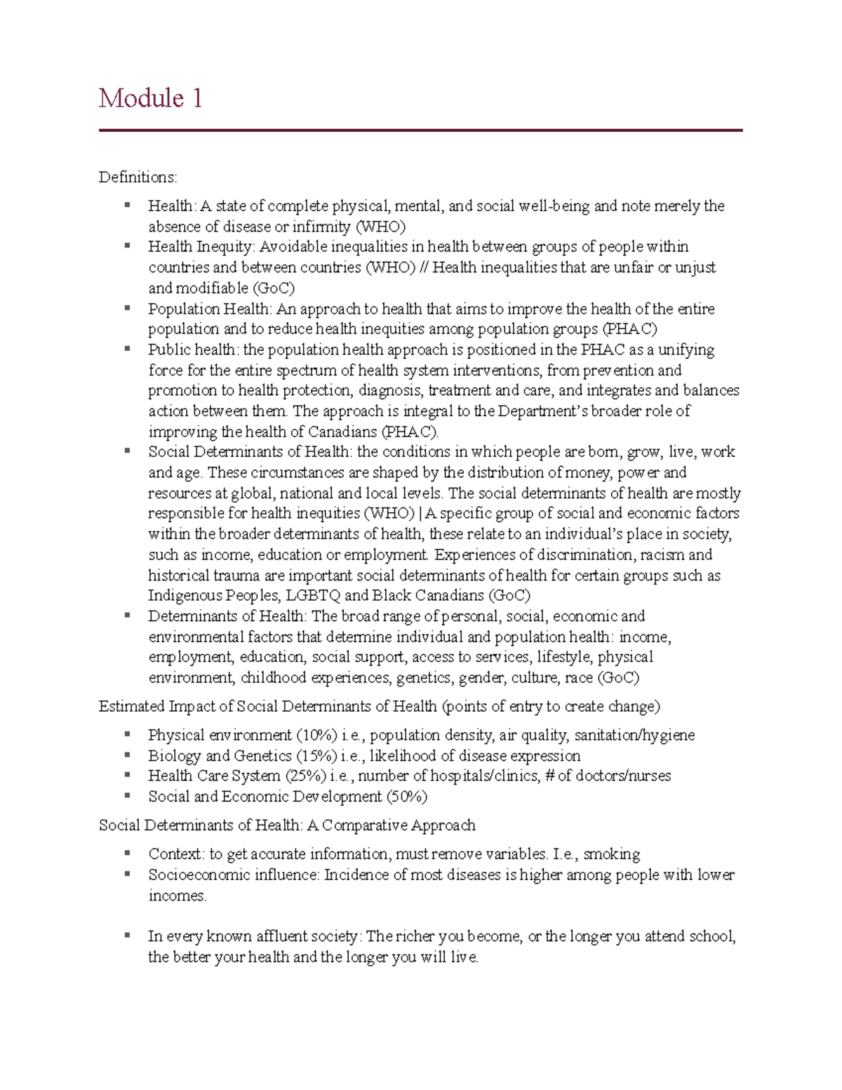 Hlth modules 1&2 - Midterm #1 content - Module 1 Definitions: Health: A ...