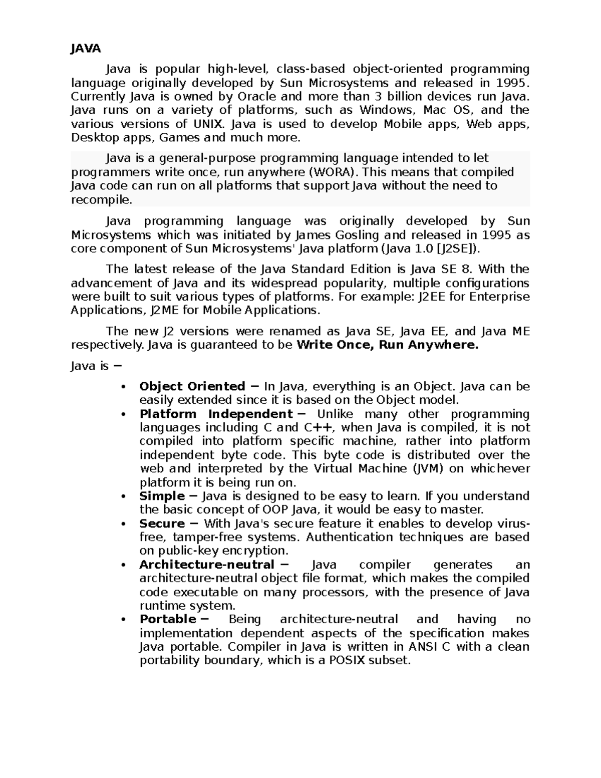 Java Notes - none - JAVA Java is popular high-level, class-based object ...