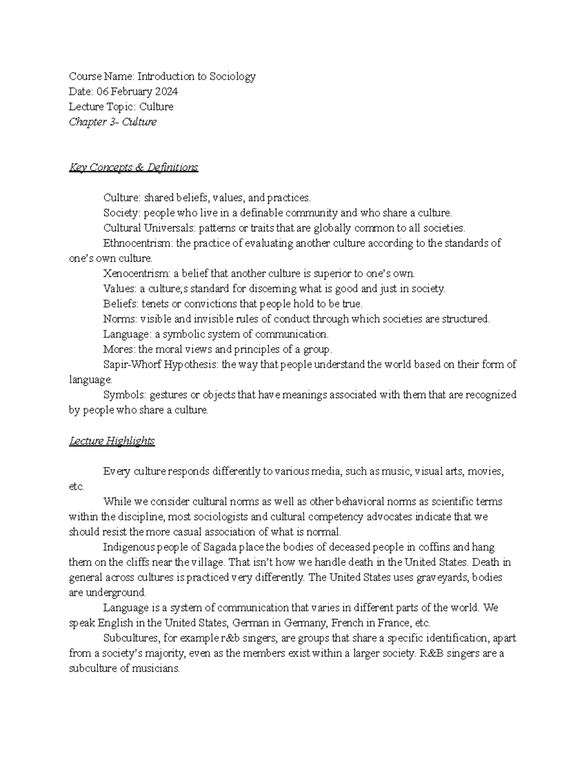 Introduction to Sociology Ch3 Notes - Course Name: Introduction to ...