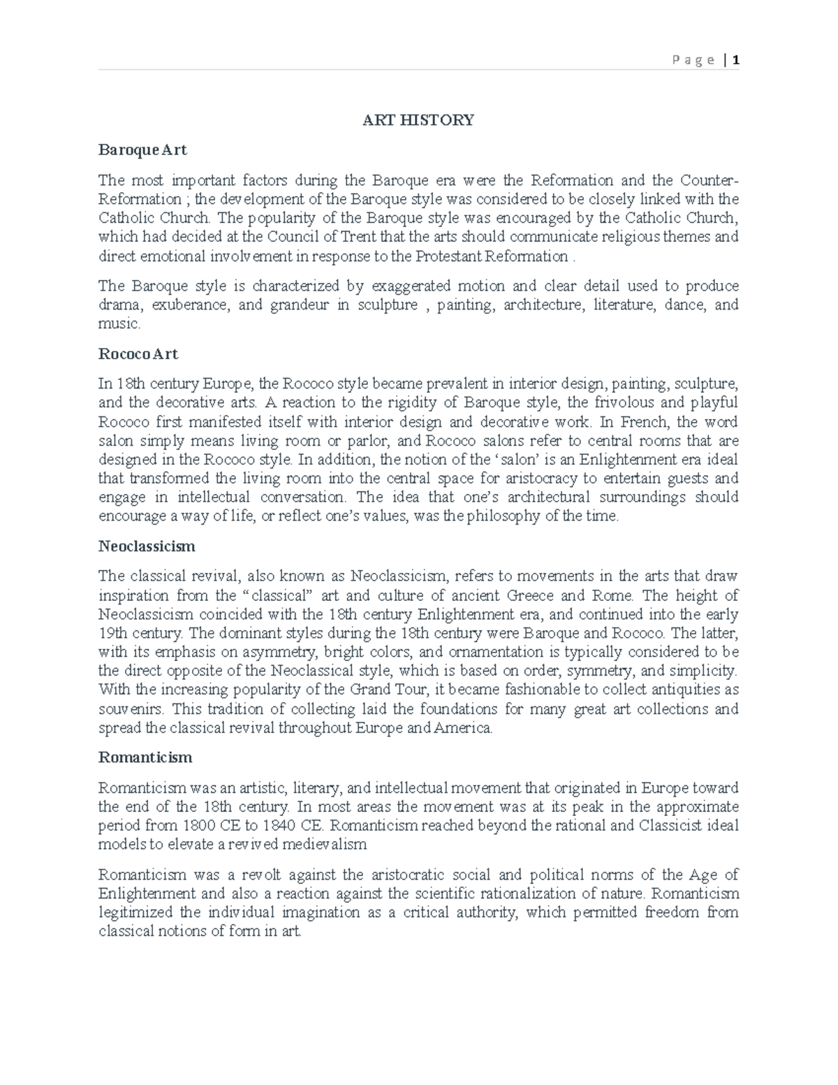 Notes. European ART History - P a g e | 1 ART HISTORY Baroque Art The ...