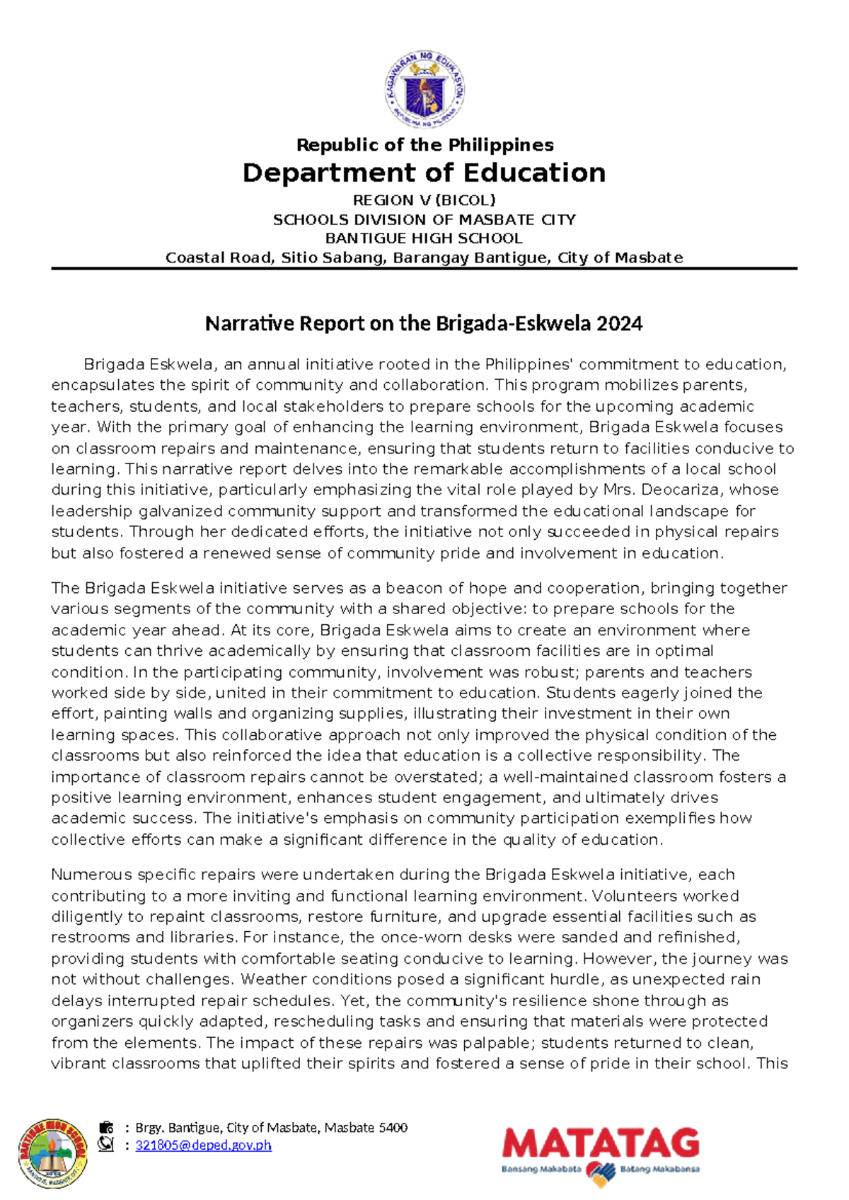 Narrative Report Brigada Eskwela COPY 2 - Department of Education ...