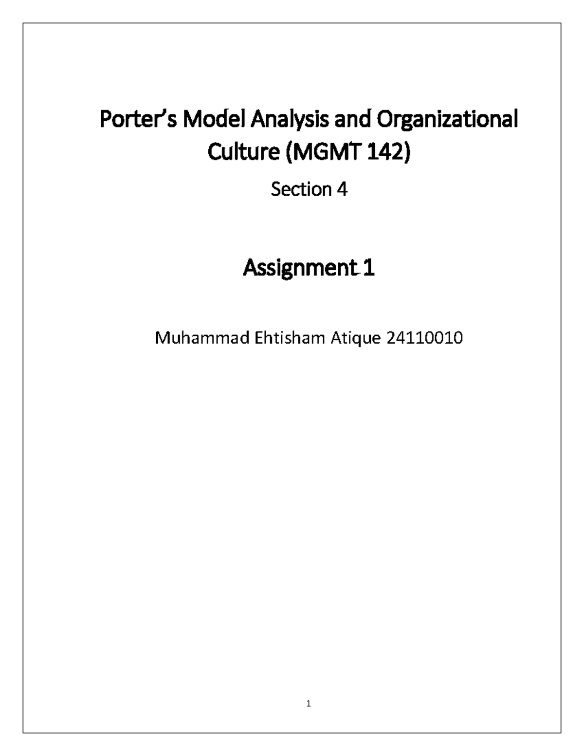 MGMT-assignment 1 - this is an assignment - Porter’s Model Analysis and ...