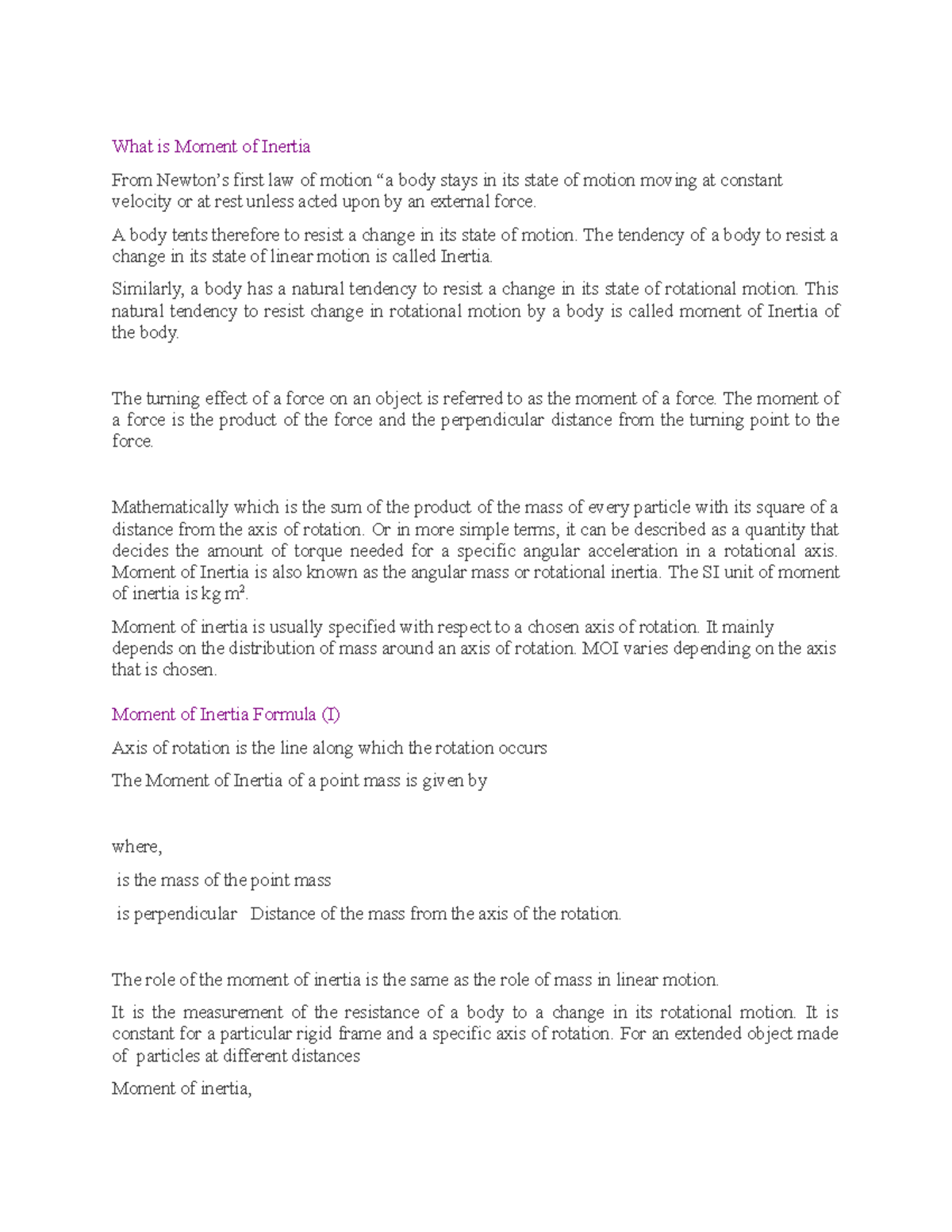 Moment of Inertia Notes - What is Moment of Inertia From Newton’s first ...