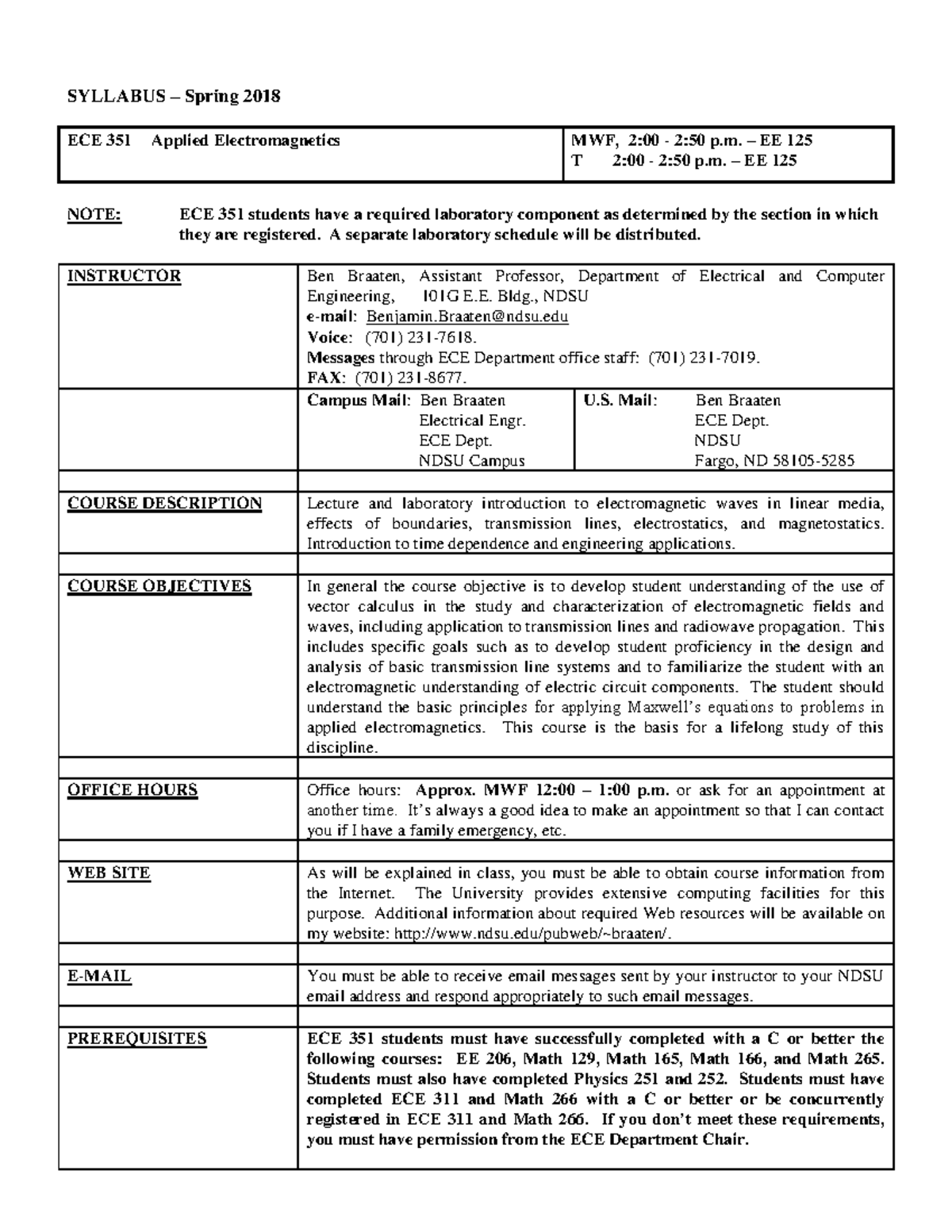Applied Electromagnetics - Summary 2018 - SYLLABUS Spring 2018 ECE 351 ...