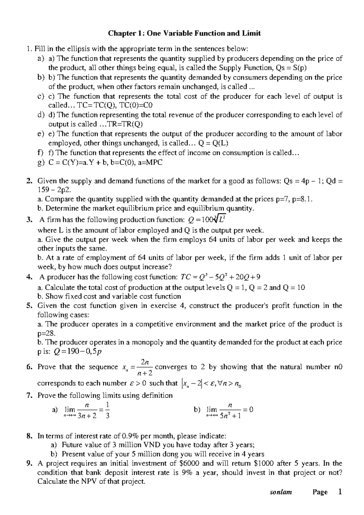 Calculus Excercises 1 variable function and limit - sonlam Page 1 Chapter 1: One Variable ...