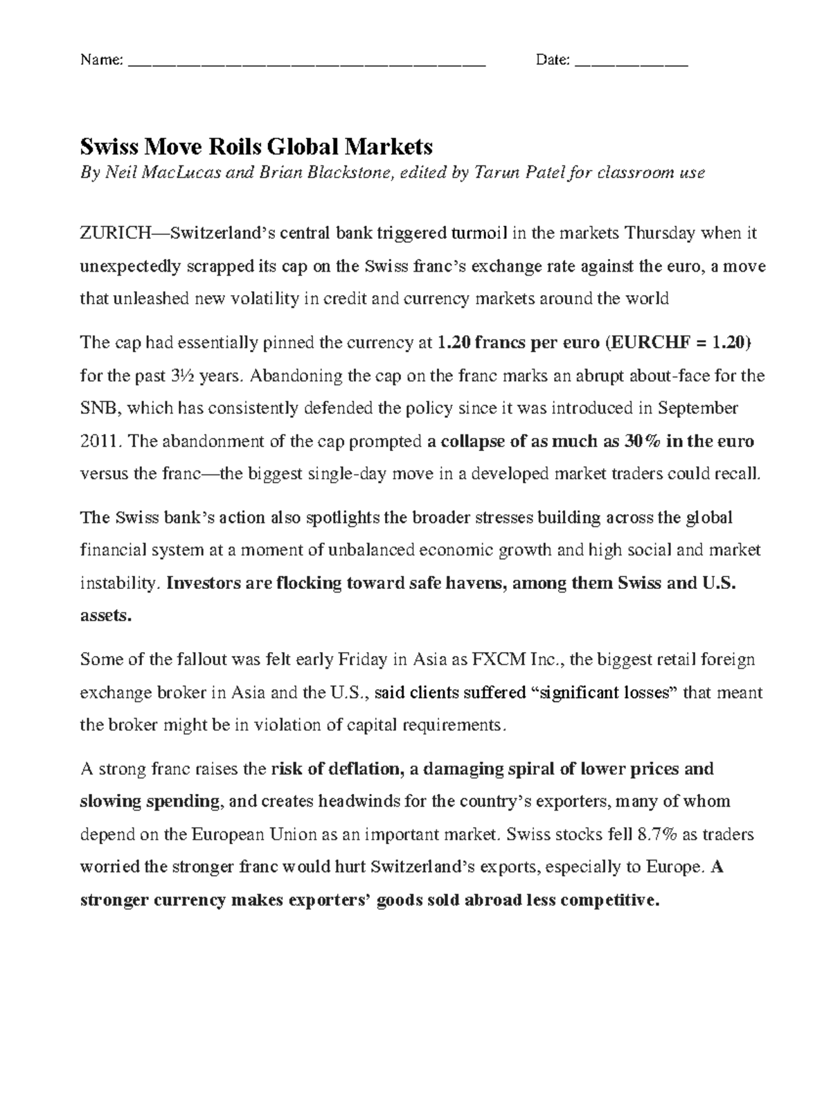 The Swiss Franc Peg - Notes for finance - Name