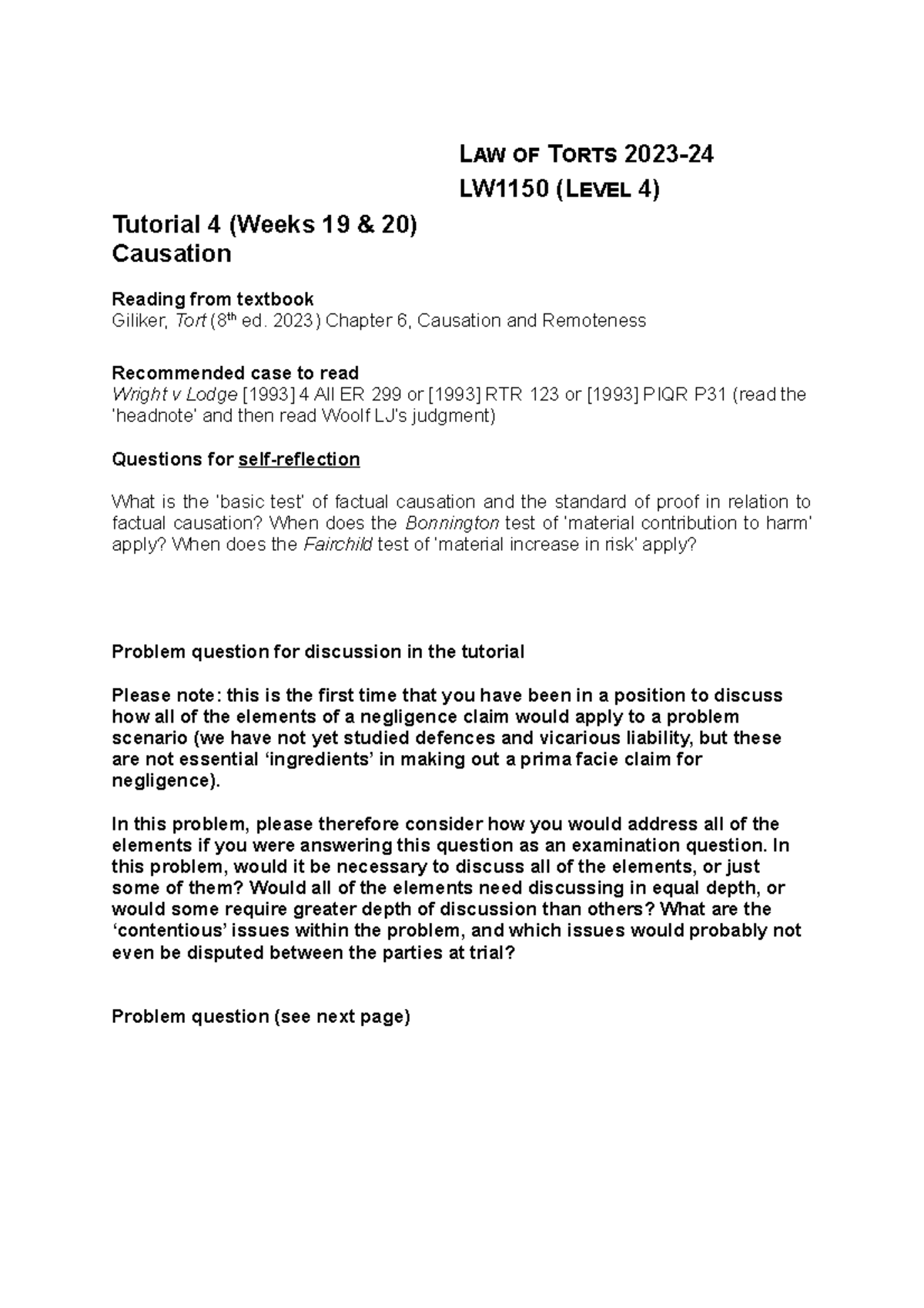 Causation tutorial sheet level 4 LW1150 2023 - LAW OF TORTS 2023- LW1150 (LEVEL 4) Tutorial 4 ...