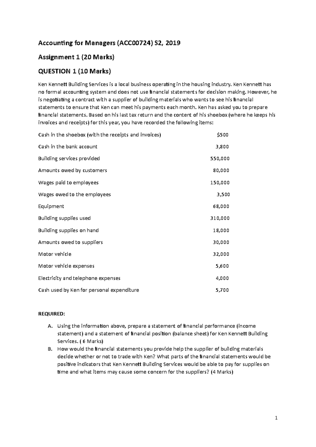 2019 S2 Assignment 1 Accounting for Managers ACC00724 - Accounting for Managers (ACC00724) S2 ...