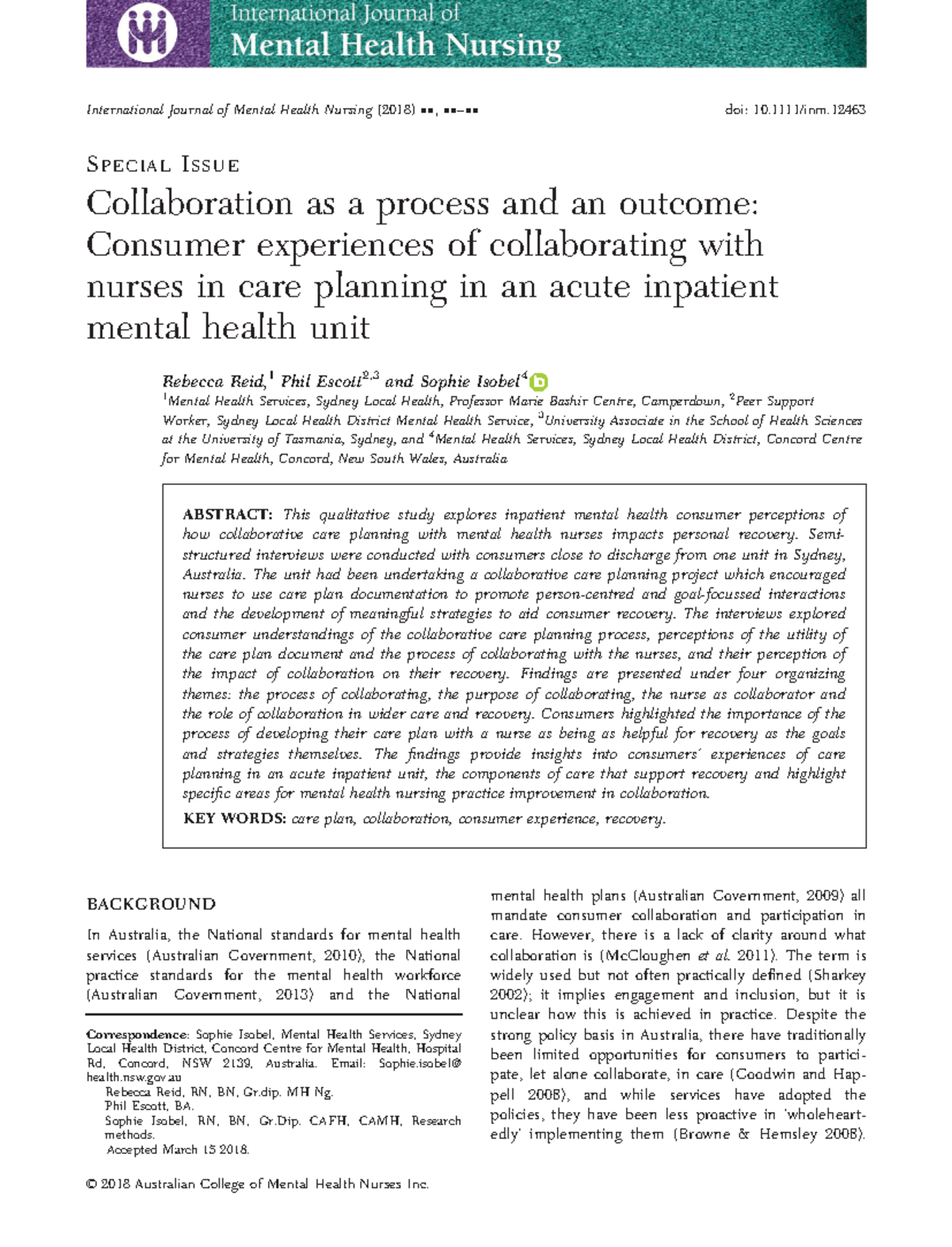 Collaborative care planning - Week 11 - SPECIAL ISSUE Collaboration as ...