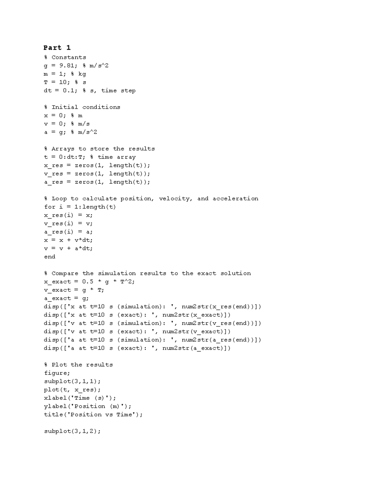 MECH223 Comp Lab 2 9 - Very useful information - Part 1 % Constants g ...