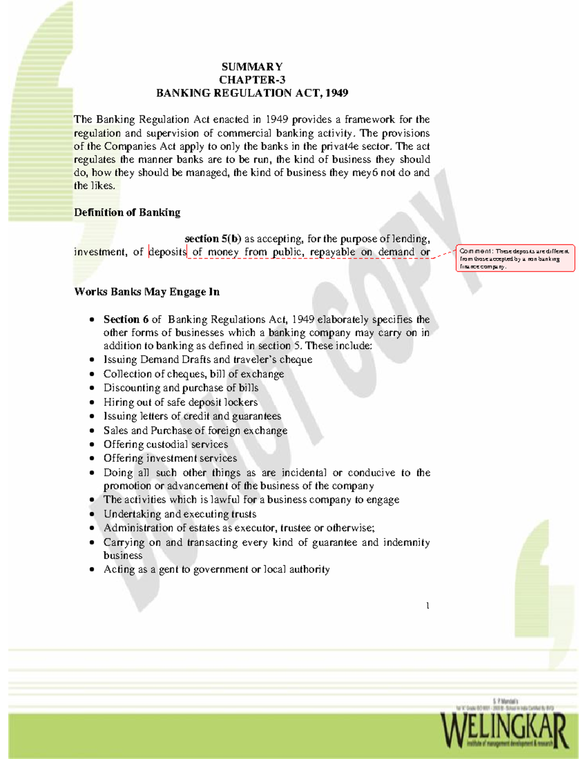 Banking Regulation Act, 1949 notes - Corporate Law - IPU - Studocu