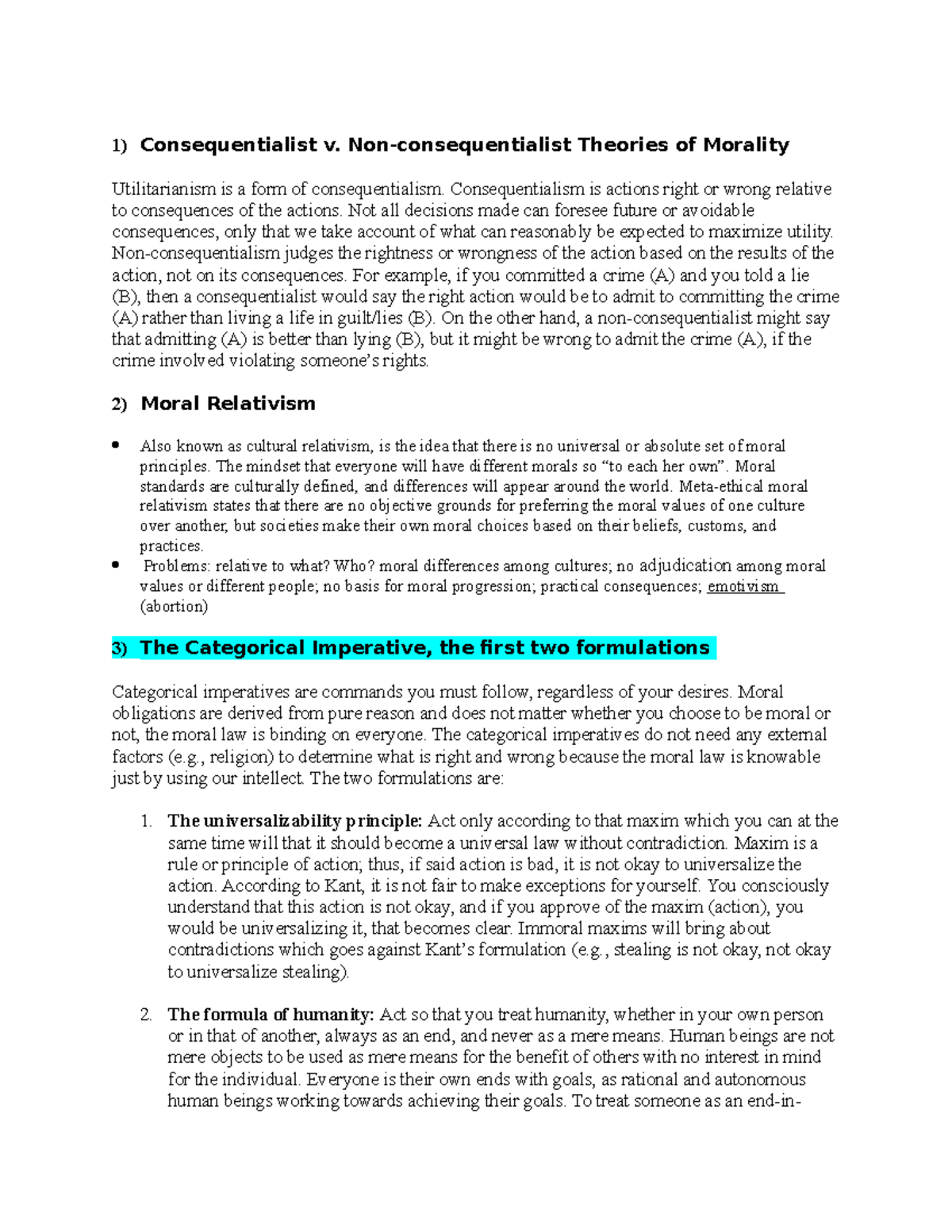 Bioethics Midterm Notes - 1) Consequentialist v. Non-consequentialist ...