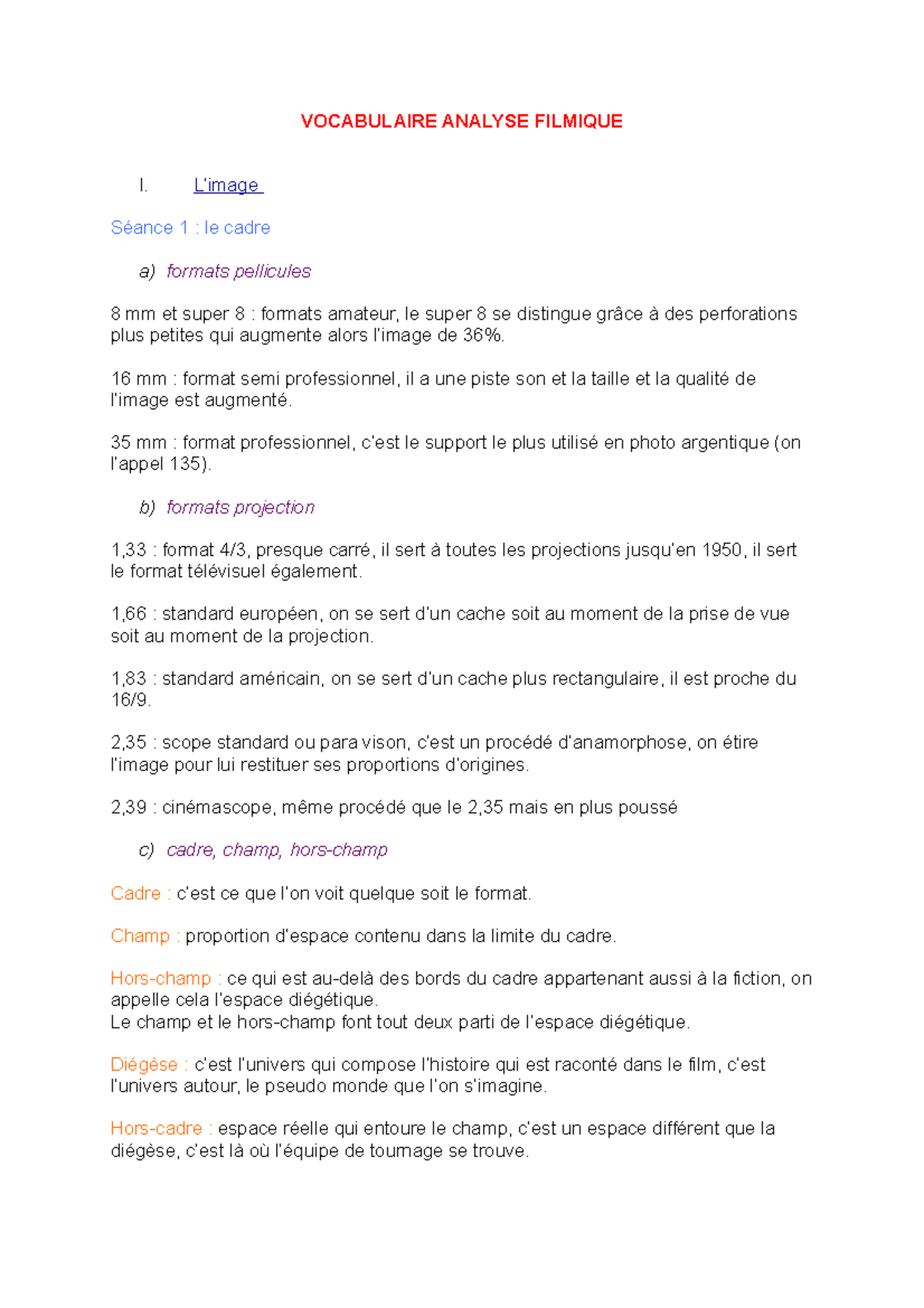 Vocabulaire analyse filmique - VOCABULAIRE ANALYSE FILMIQUE I. 1 : le ...