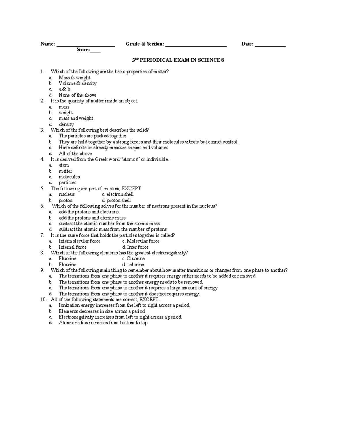 QUIZ Science 8 PART 2 - Sample quiz - Name ...