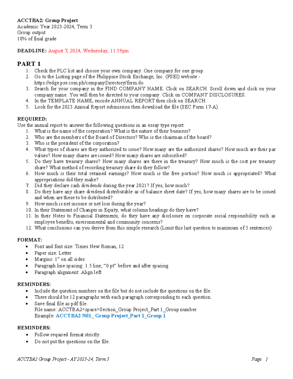 A Cctba 2 Group Project Part 1 - ACCTBA2 Group Project - AY 202 3 - 24 ...