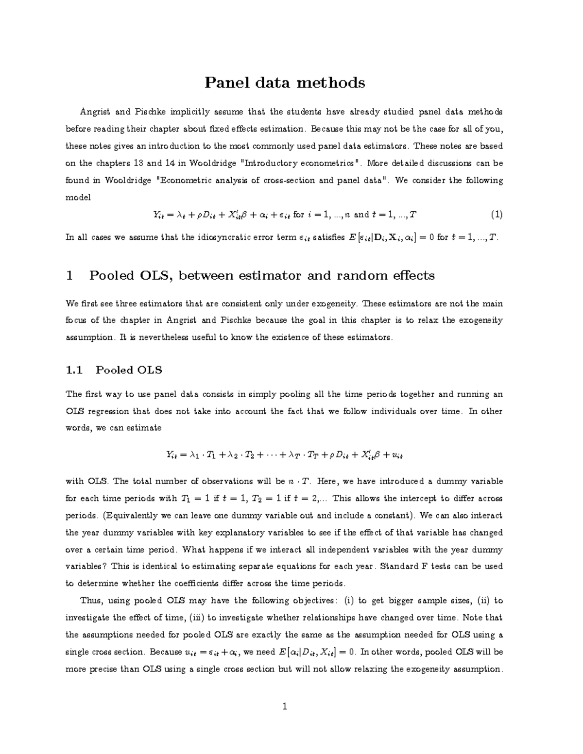 Chapter 6 Fixed effects (notes) - Panel data methods Angrist and ...