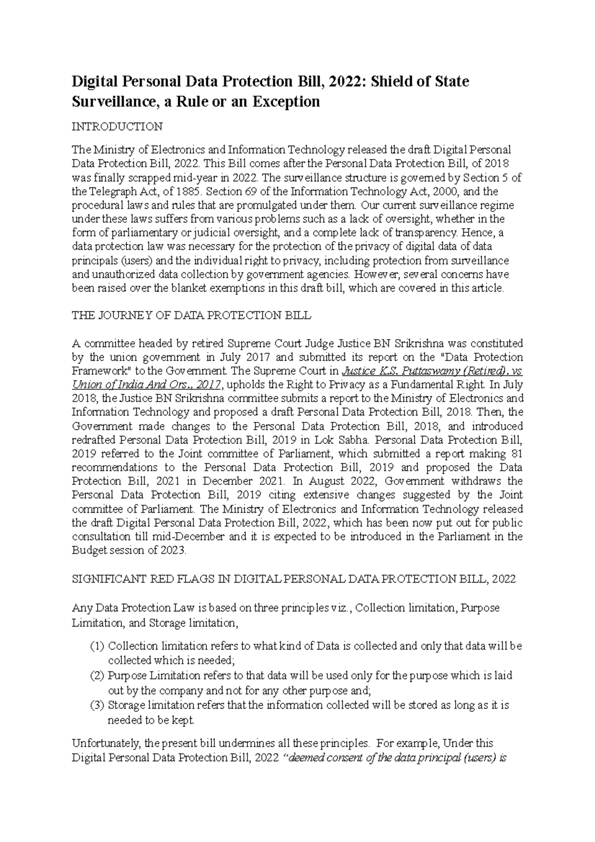 Digital Personal Data Protection Bill - This Bill comes after the ...