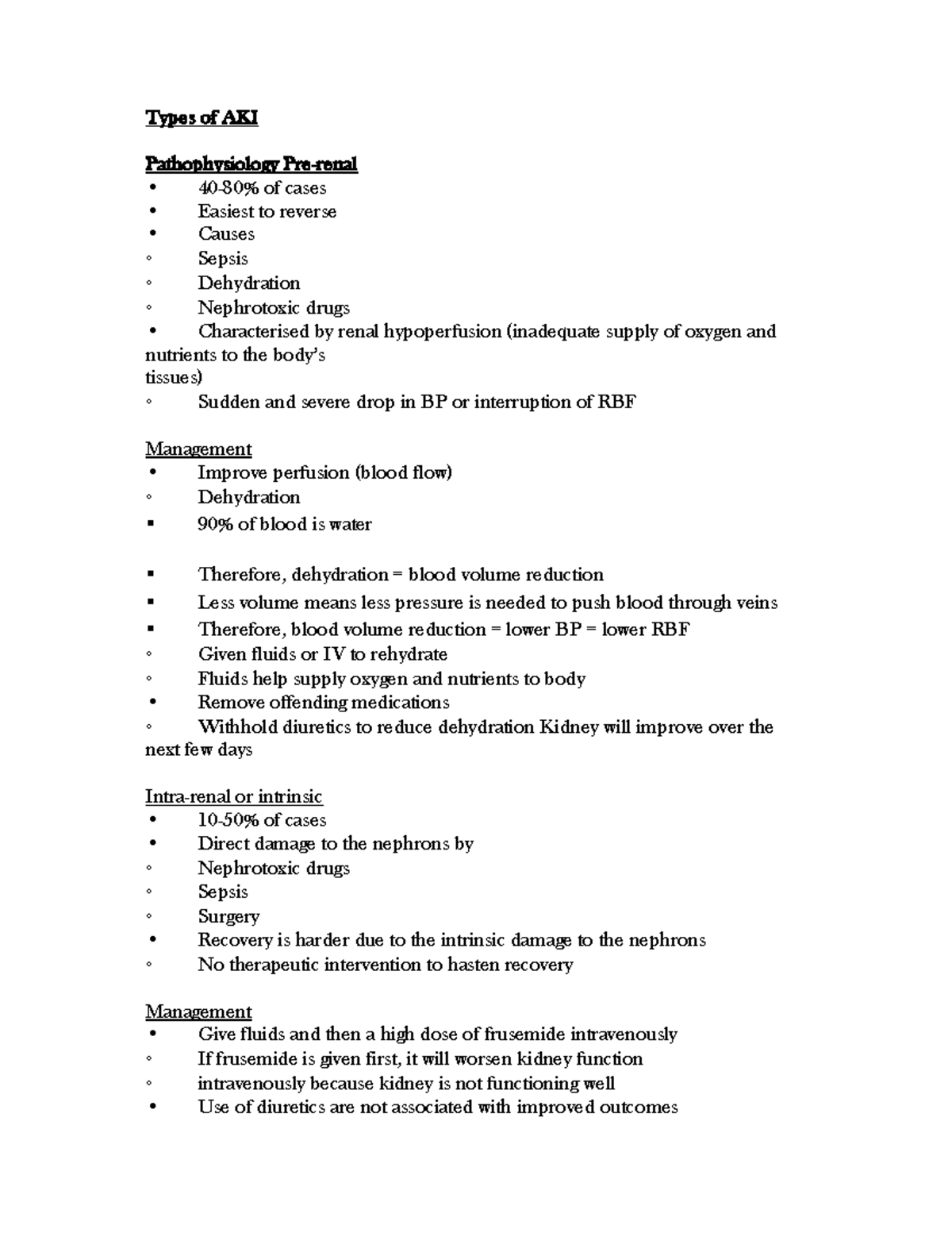AKI management - lecture notes - Types of AKI Pathophysiology Pre-renal ...