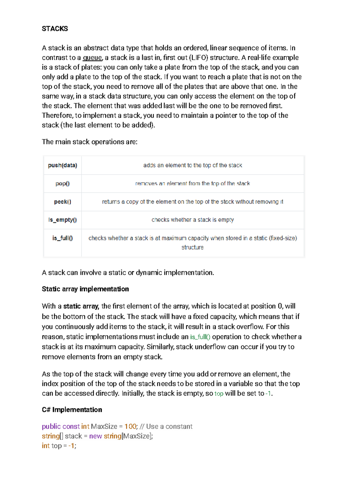 Stacks - STACKS A stack is an abstract data type that holds an ordered ...
