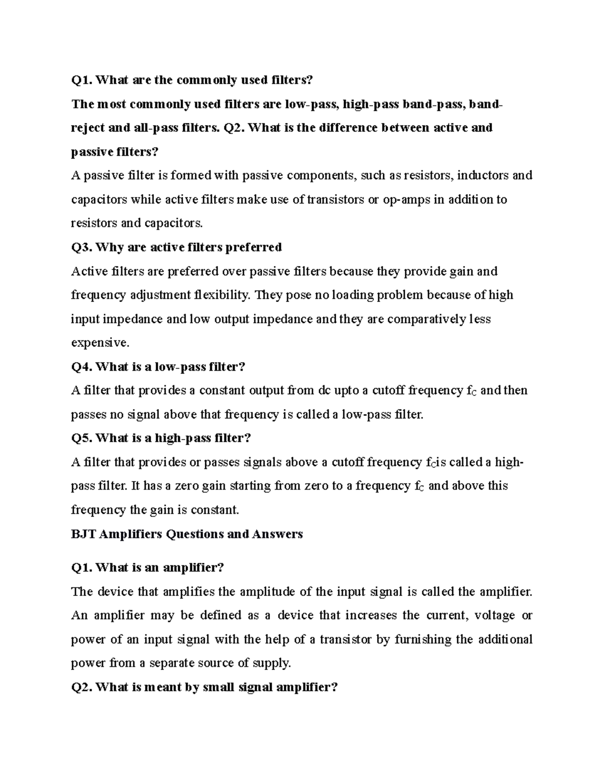 Basic Electronic - Q1. What are the commonly used filters? The most ...