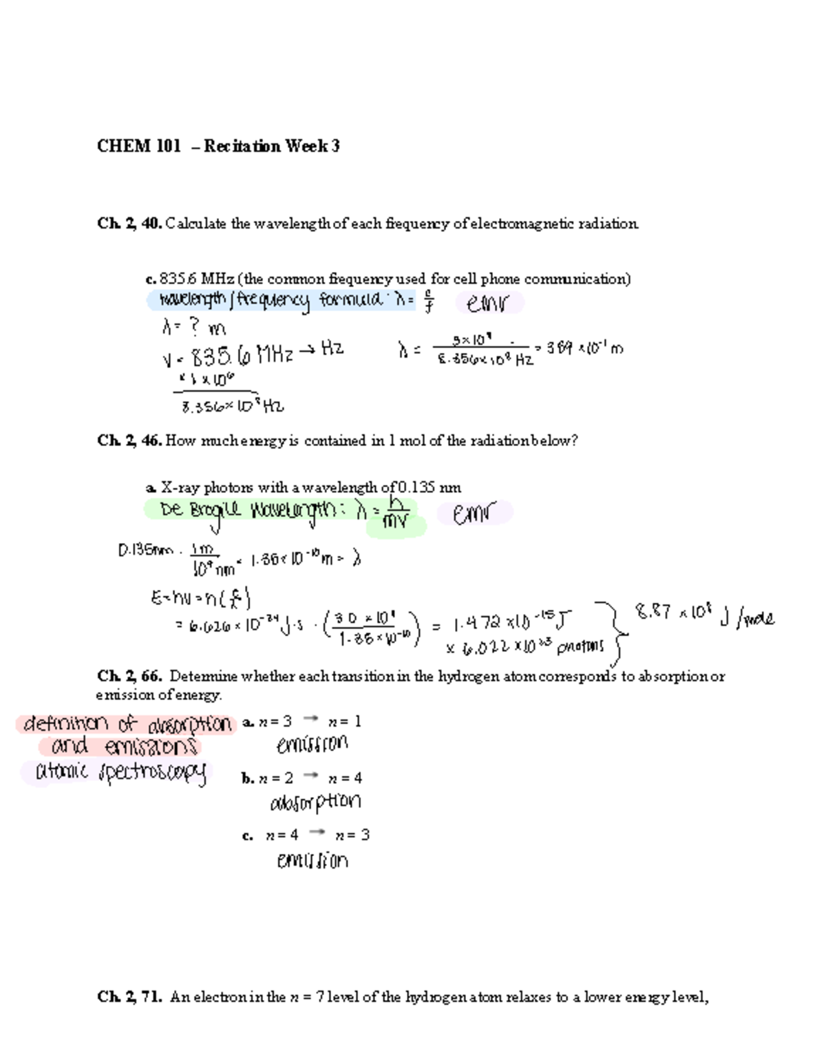 CHEM 101 Recitation Week 7 - CHEM 101 – Recitation Week 3 Ch. 2, 40. Calculate the wavelength of ...