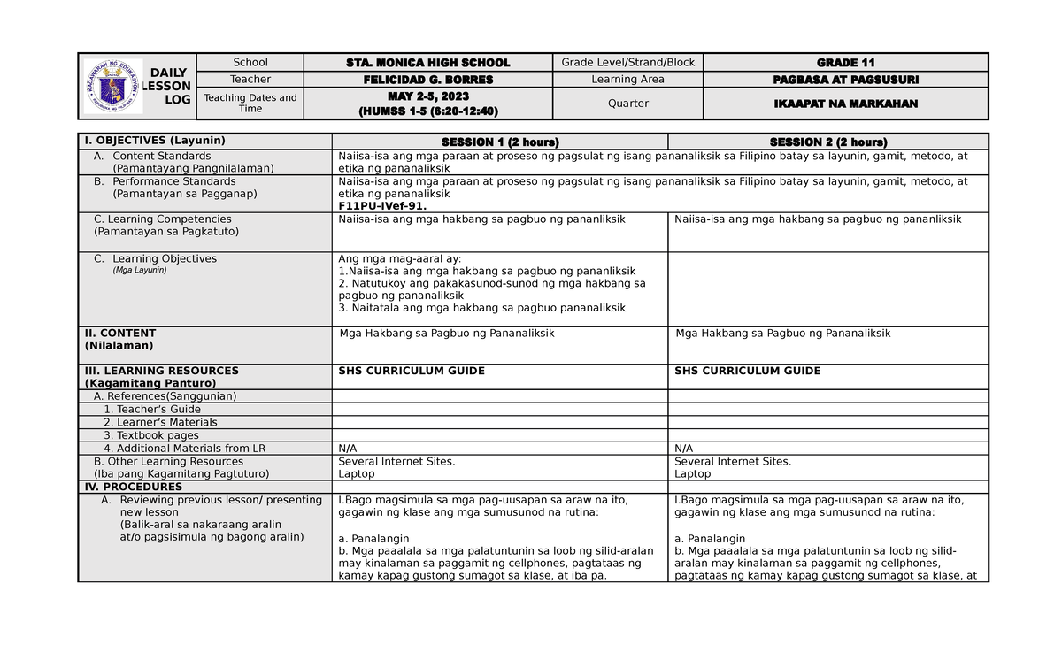 DLL 2- Sessions-PER-WEEK 3 Pagbasa at pagsusuri - DAILY LESSON LOG ...