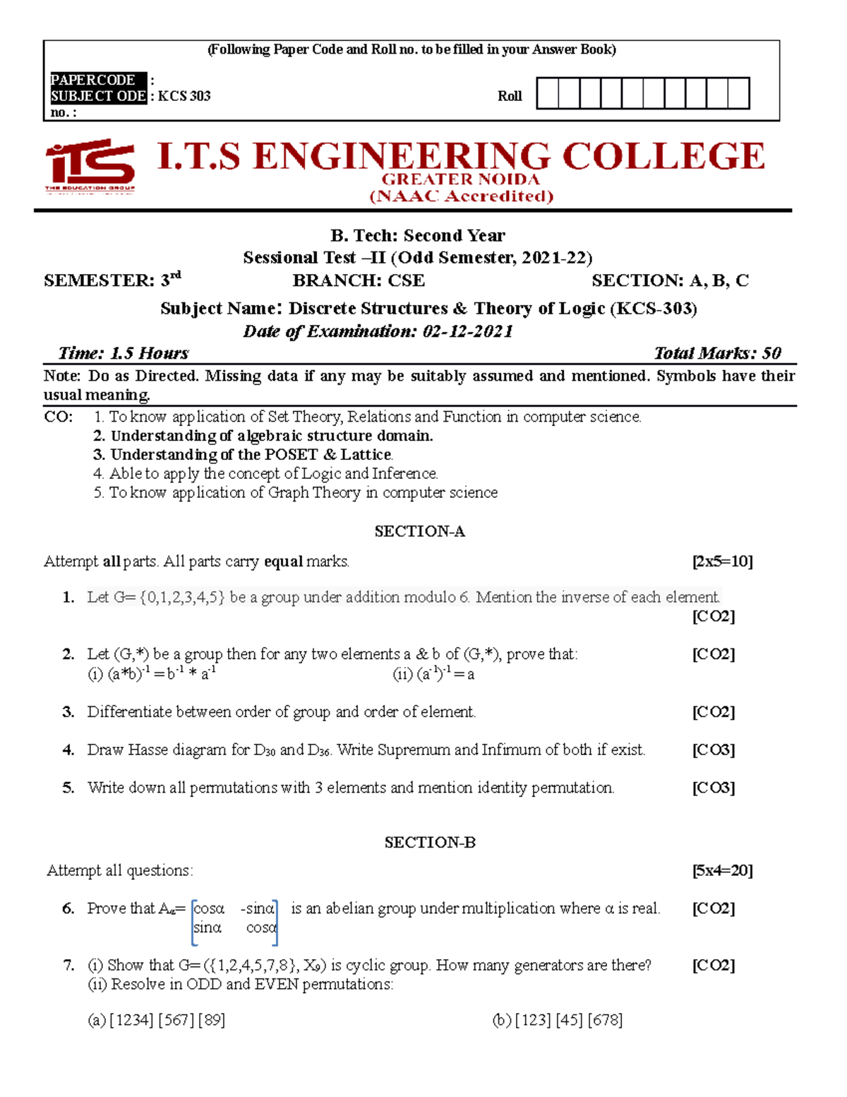 DSL ST II 2021-22 - sessional test 2 question paper - (Following Paper ...