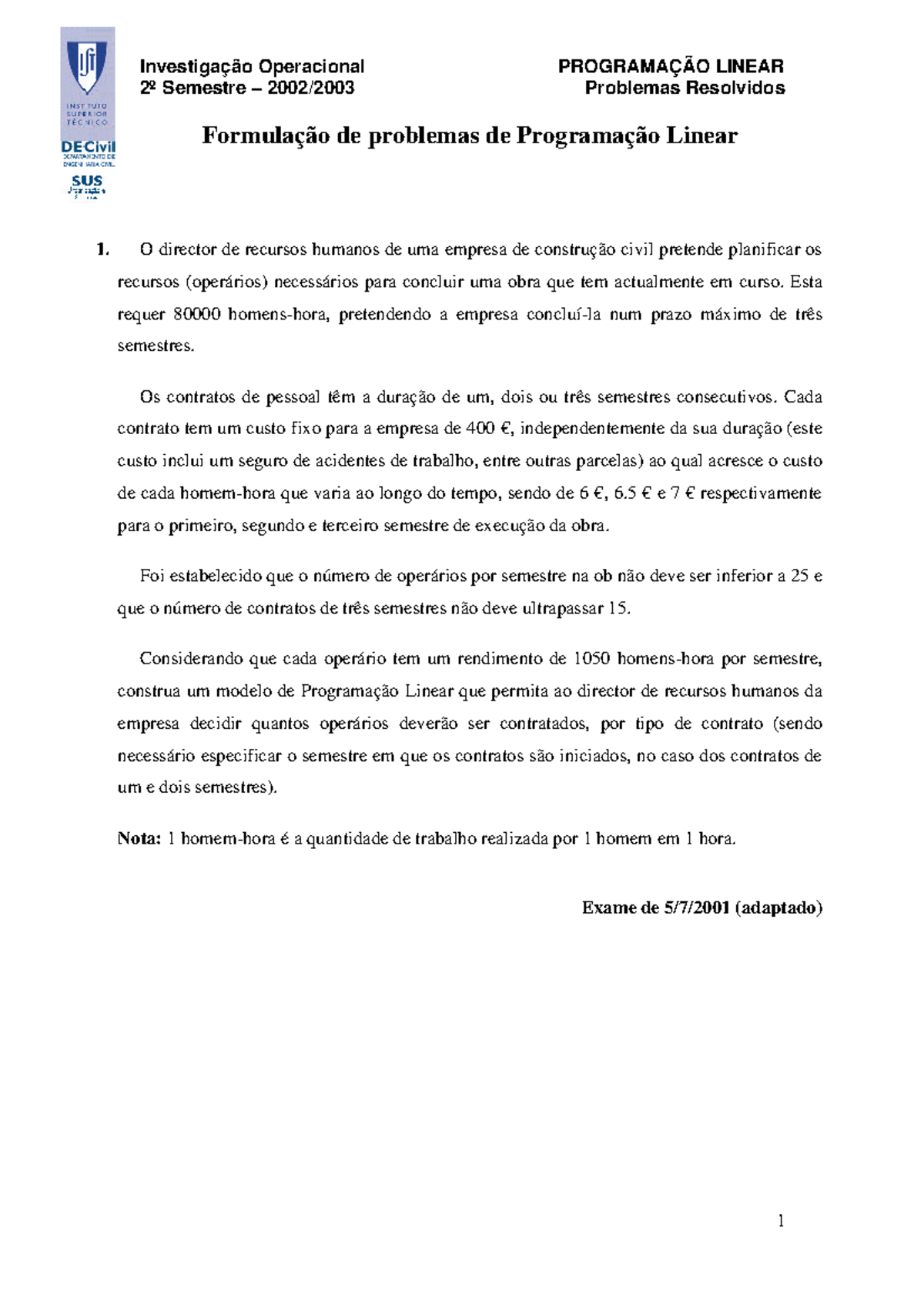 Formulação De Problemas De Programação Linear 2º Semestre 20022003 