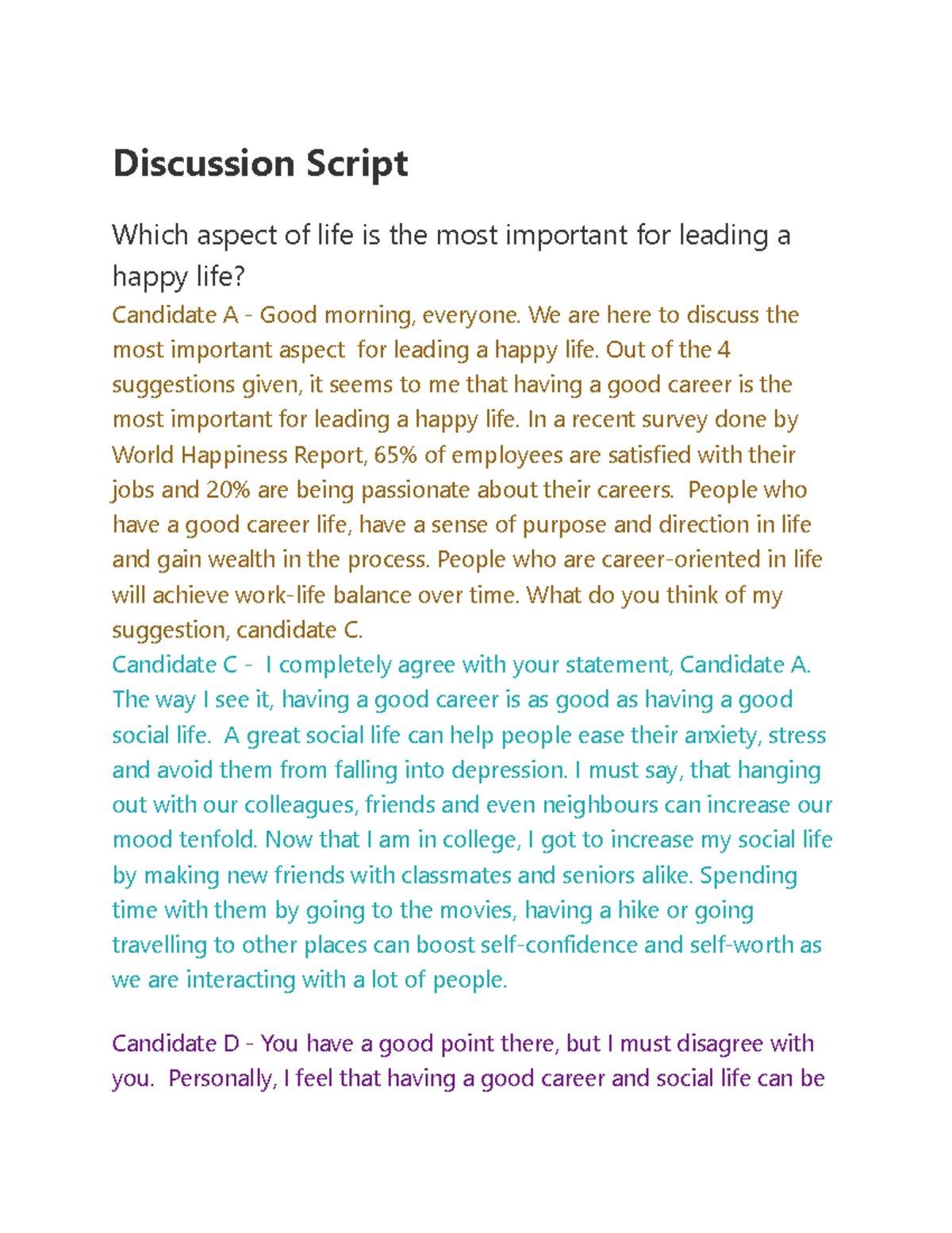 Discussion Script - Group assessment. - Discussion Script Which aspect ...