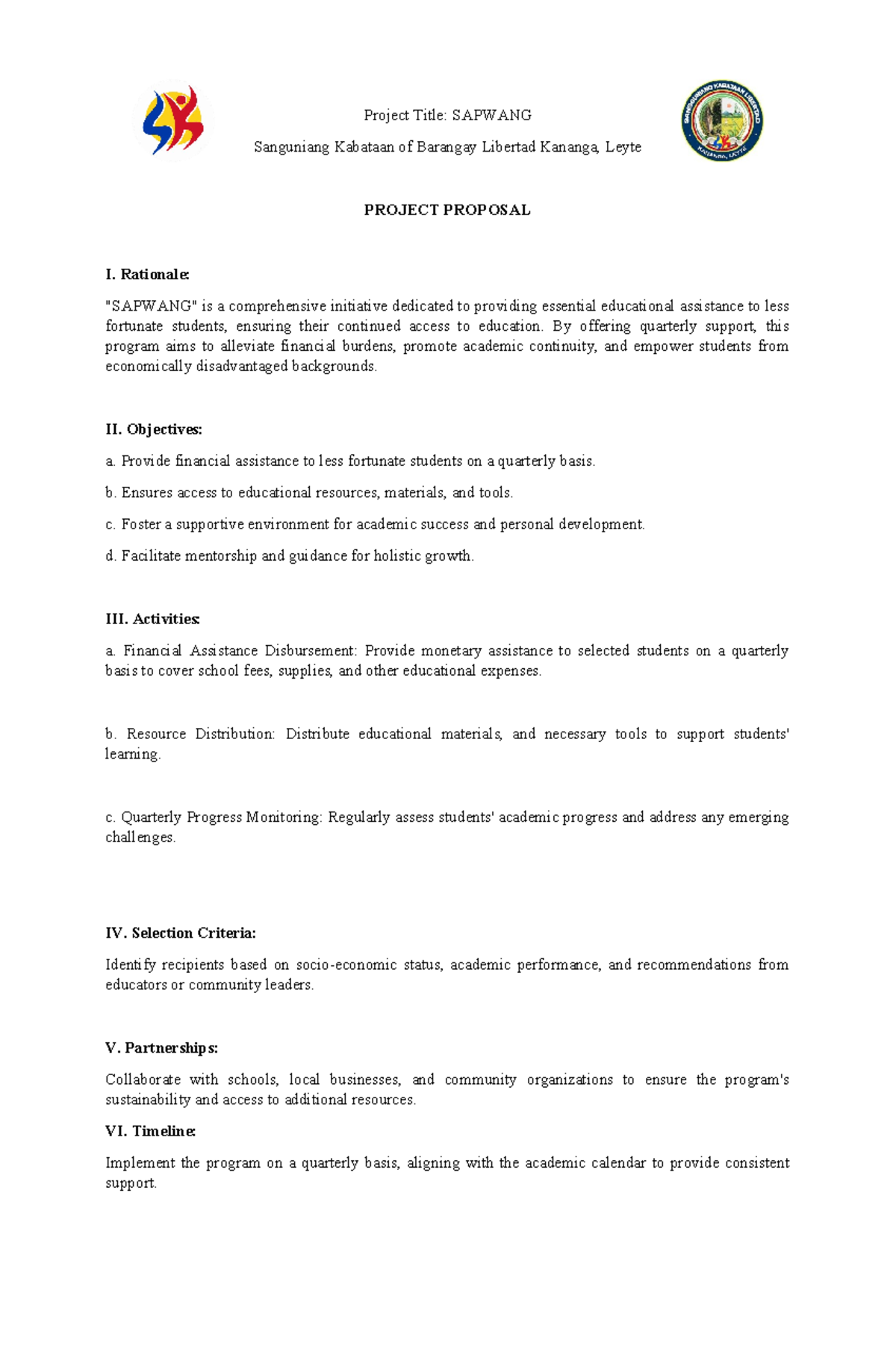 Project Proposal - needed - Project Title: SAPWANG Sanguniang Kabataan ...