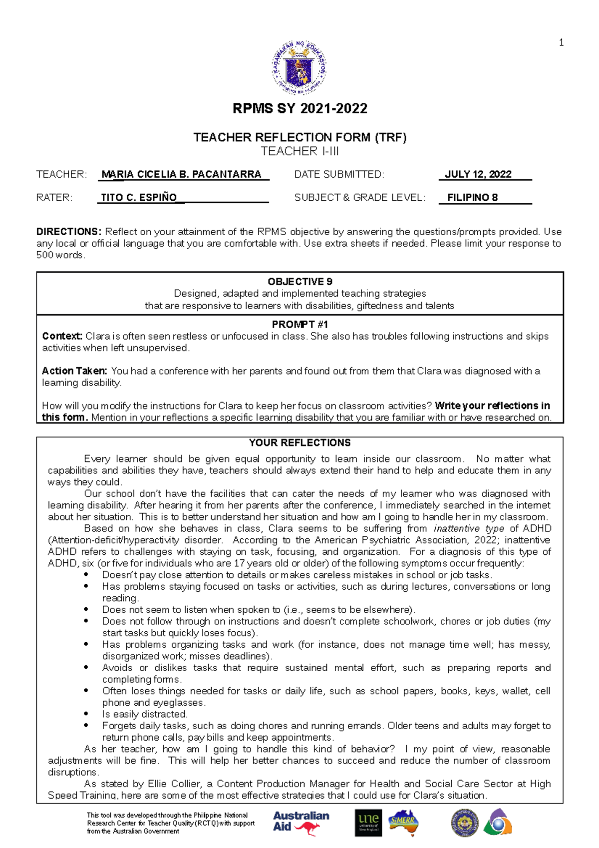 TRF pacantarra - STUDY ANG GUIDE - RPMS SY 2021- TEACHER REFLECTION ...
