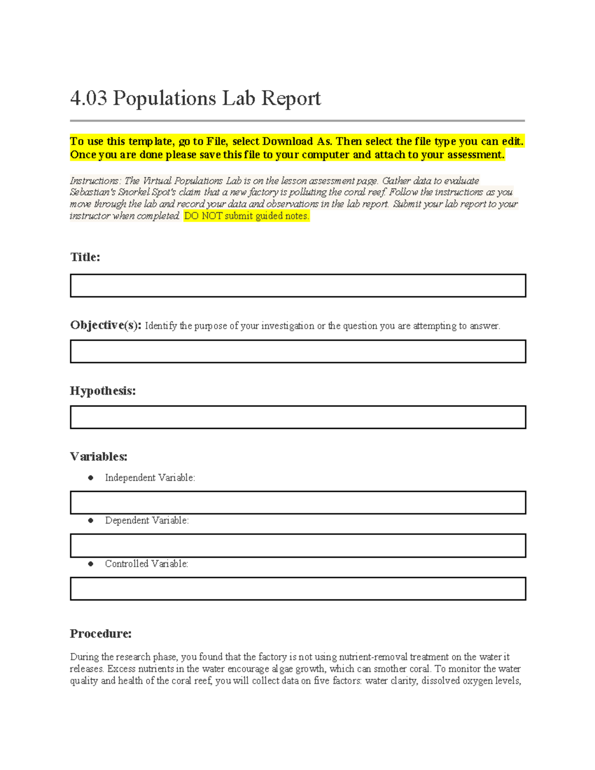 4.03 Bio Lab Report - Lab - 4 Populations Lab Report To use this ...