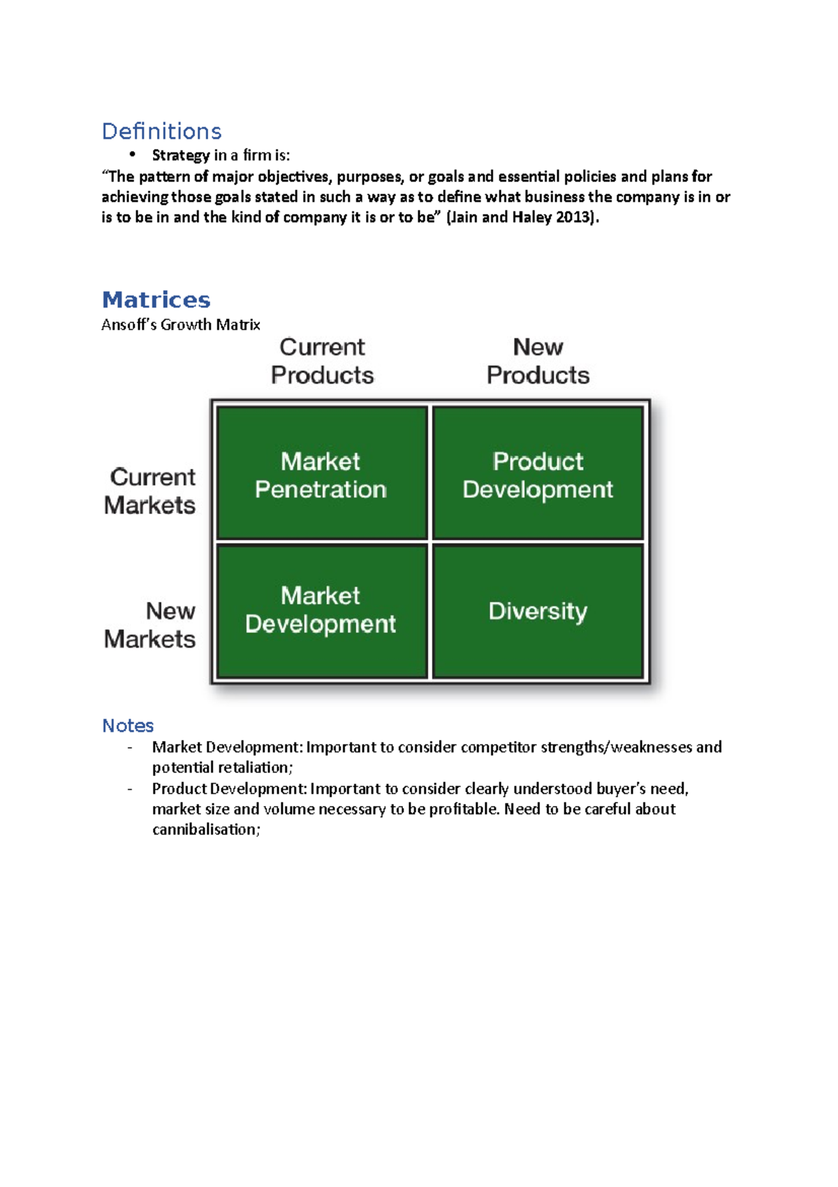 Definitions - Matrices Growth Matrix Notes Market Development ...