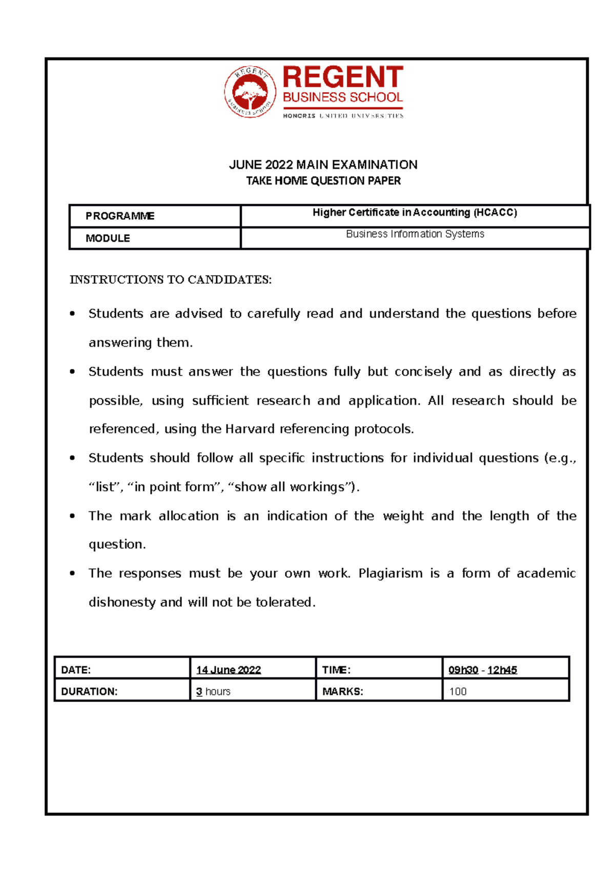 Hcacc Business Information Systems Memo - JUNE 2022 MAIN EXAMINATION ...