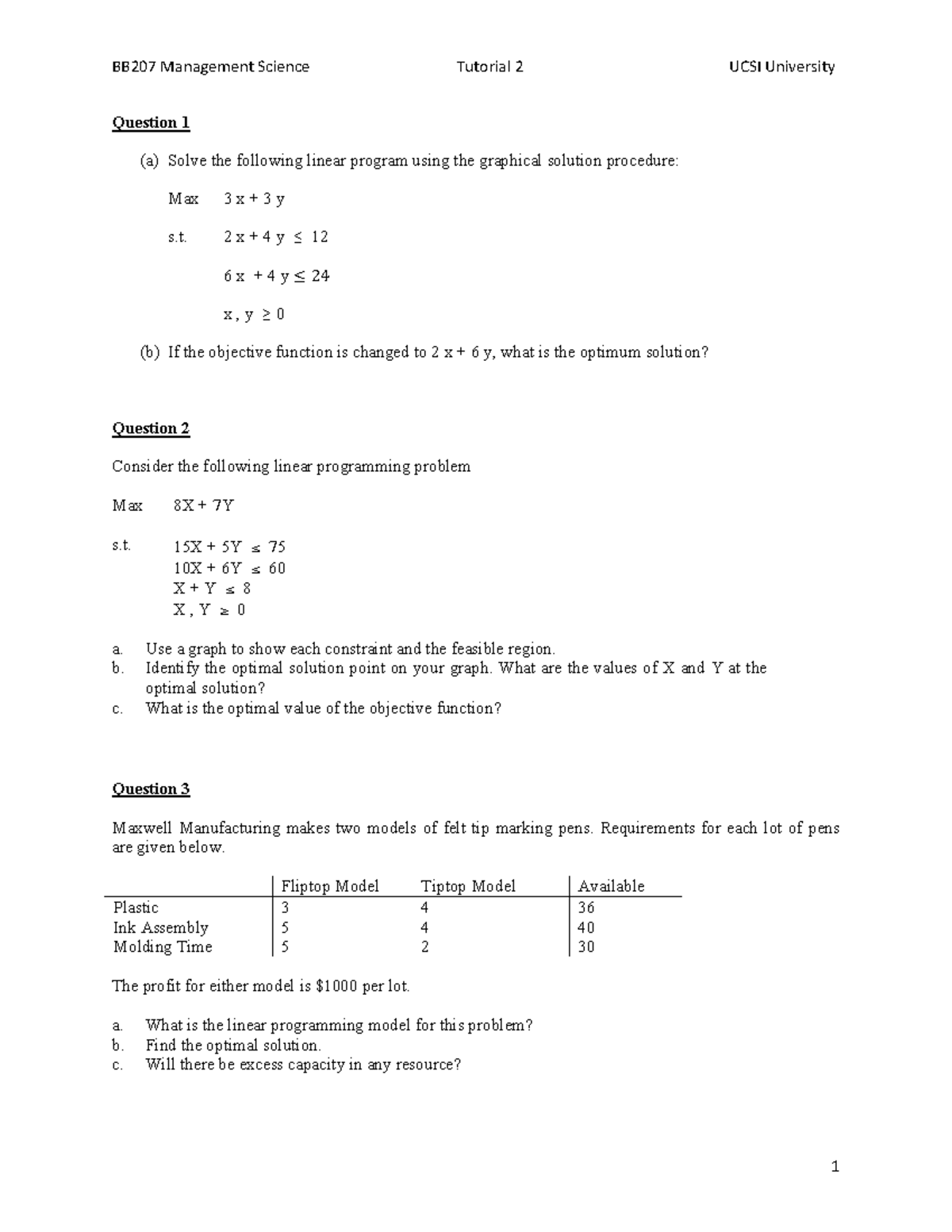 Tutorial 2 BB207 - BB207 Management Science Tutorial 2 UCSI University ...