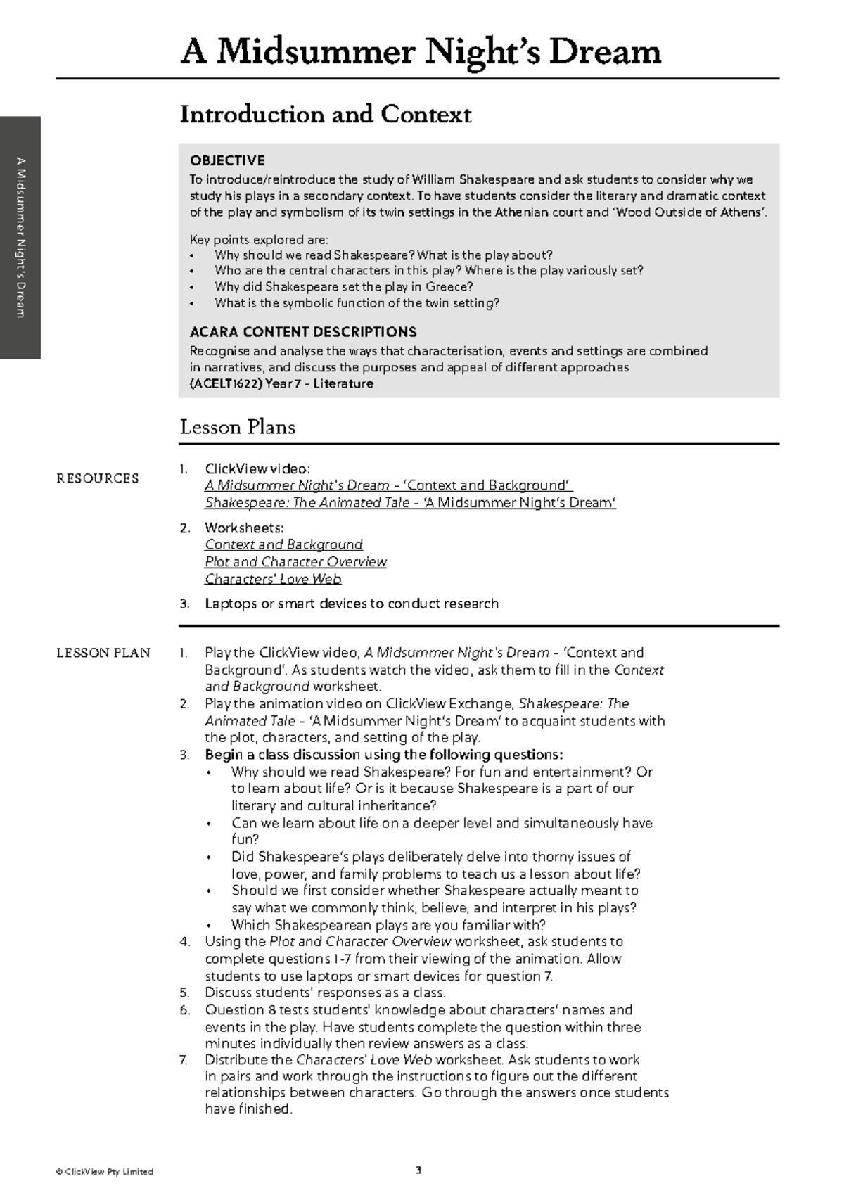 A Midsummer Nights Dream - Lesson Plans AUS - © ClickView Pty Limited A ...
