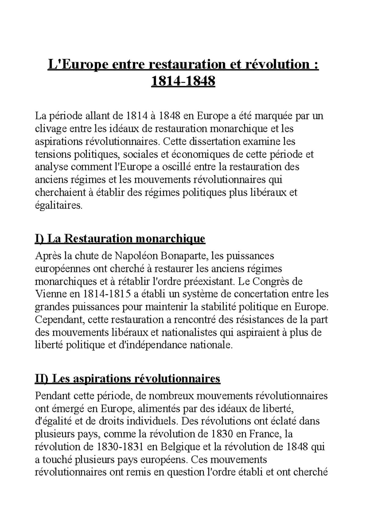 L'europe entre restauration et révolution de 1814 à 1848 - L'Europe entre restauration et ...