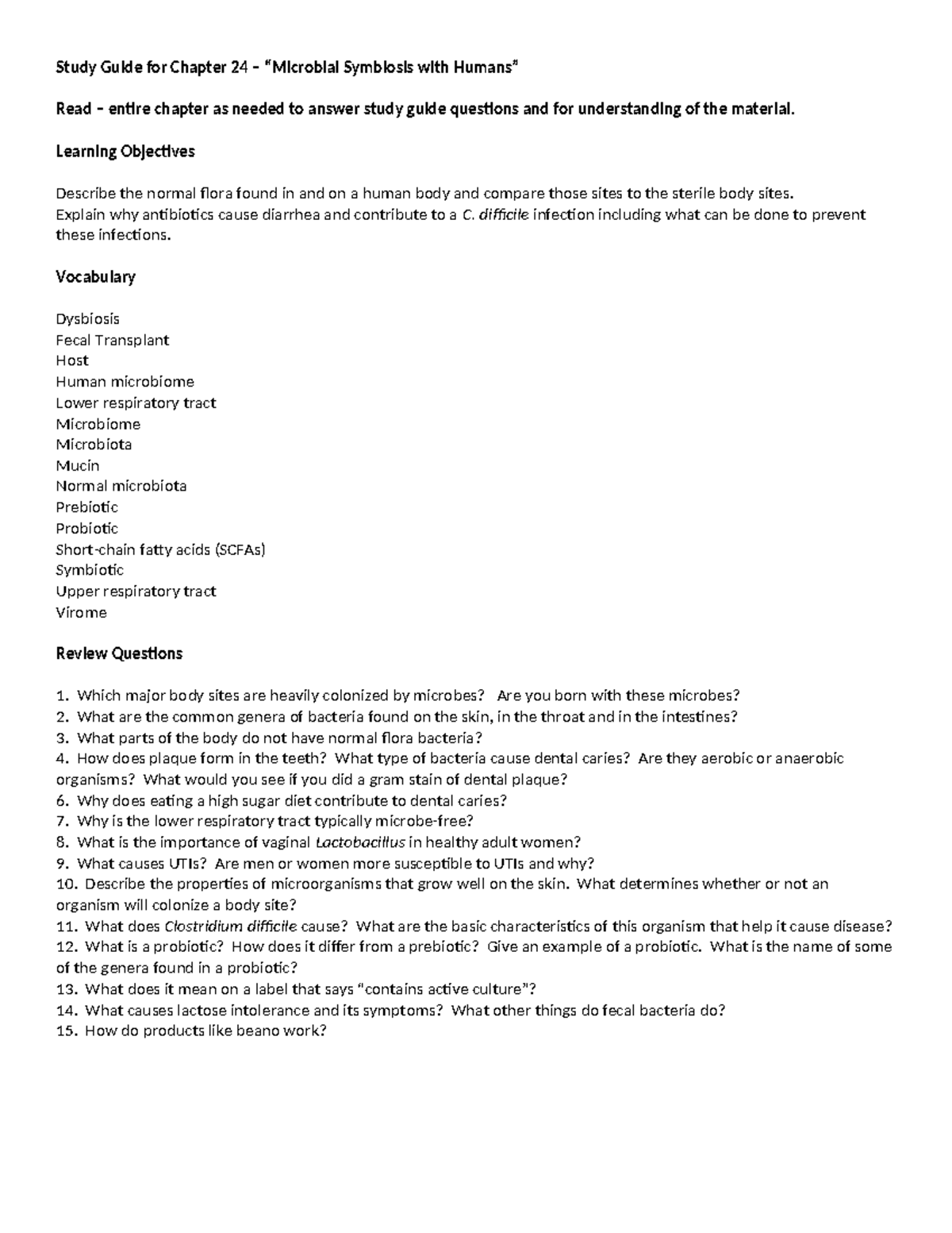 Chapter 24 0 Study Guide - Study Guide for Chapter 24 – “Microbial Symbiosis with Humans” Read ...