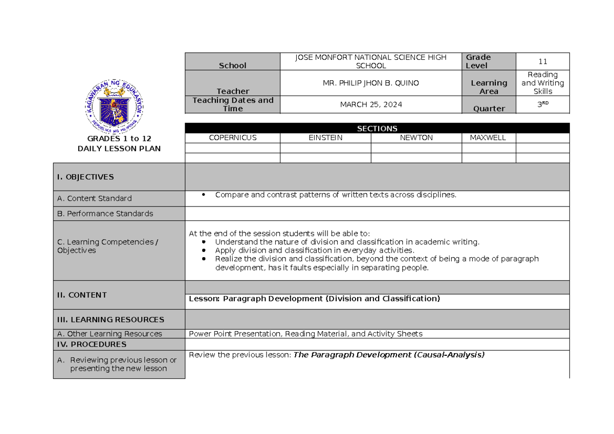 DLL Classification AND Division - School JOSE MONFORT NATIONAL SCIENCE ...