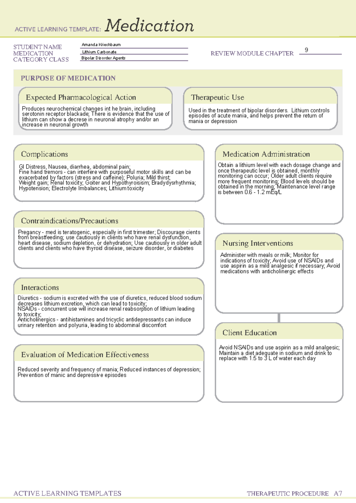 Lithium Medication Form - STUDENT NAME MEDICATION REVIEW MODULE CHAPTER ...